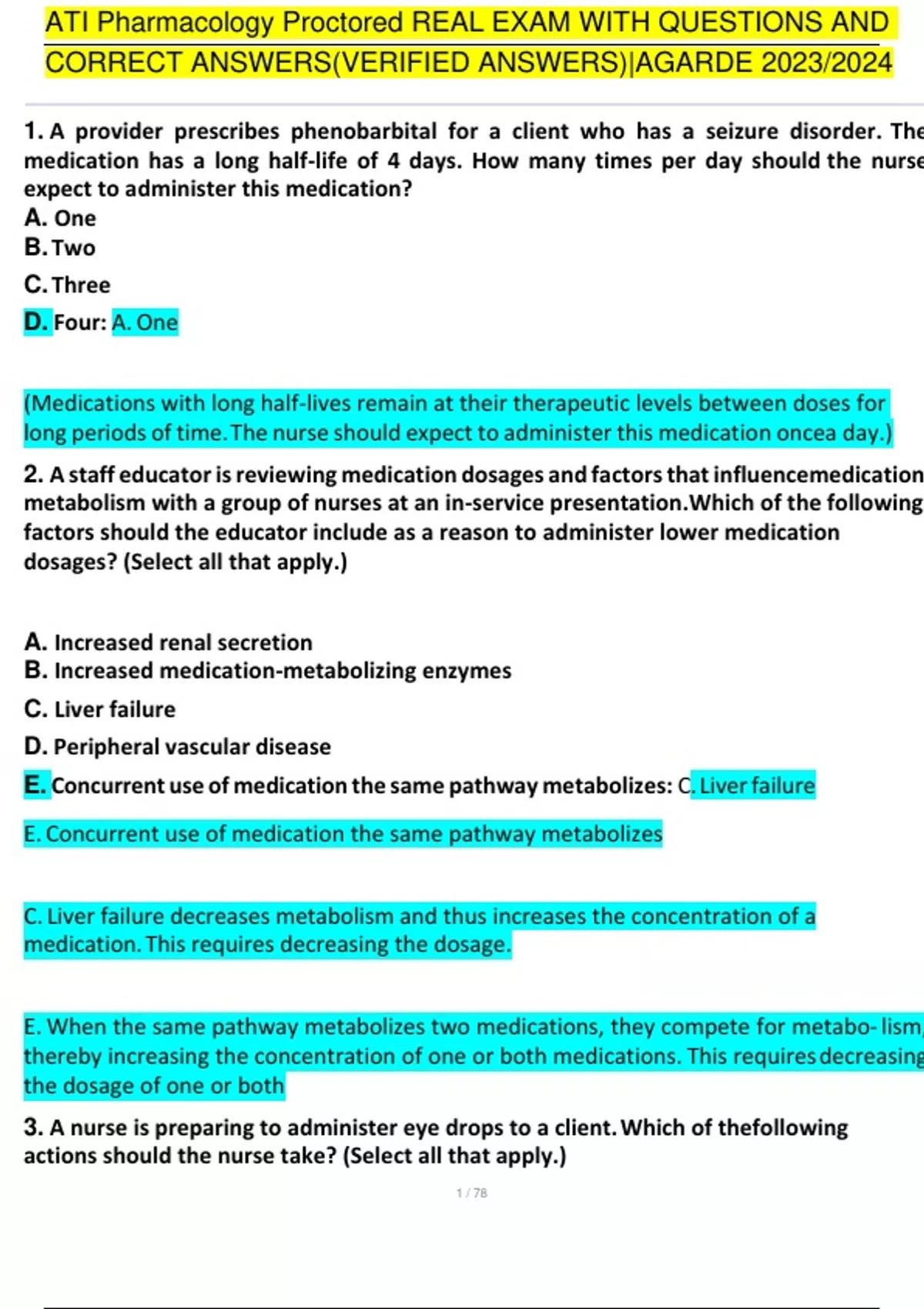 ATI Pharmacology Proctored REAL EXAM WITH QUESTIONS AND CORRECT ANSWERS ...