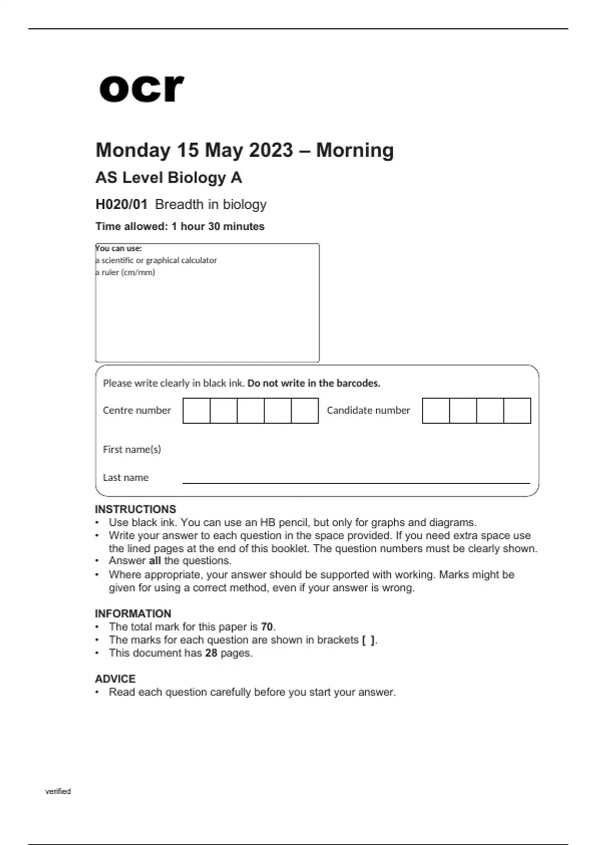 ocr AS Level Biology A H020/01 QUESTION PAPER and MARK SCHEME June2023 ...