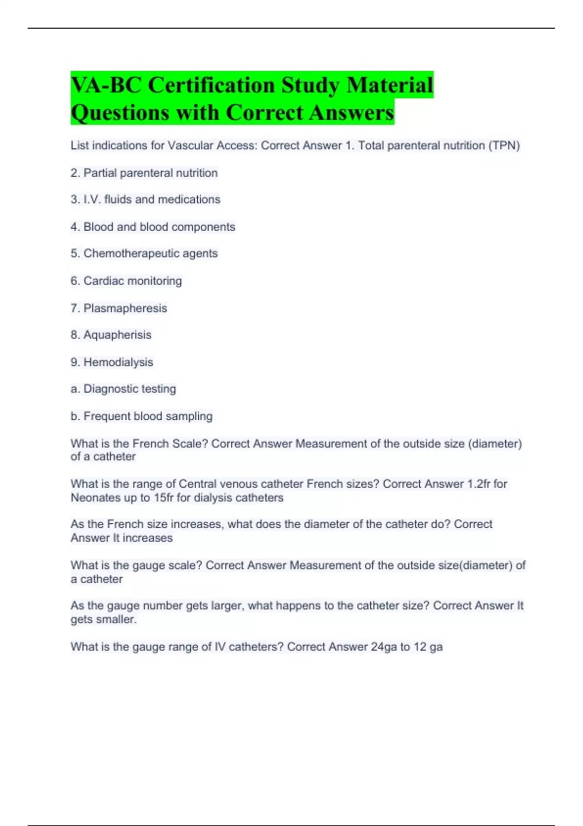 VA-BC Vascular Access Devices and Insertion Exam Questions with Correct Answers - Stuvia US
