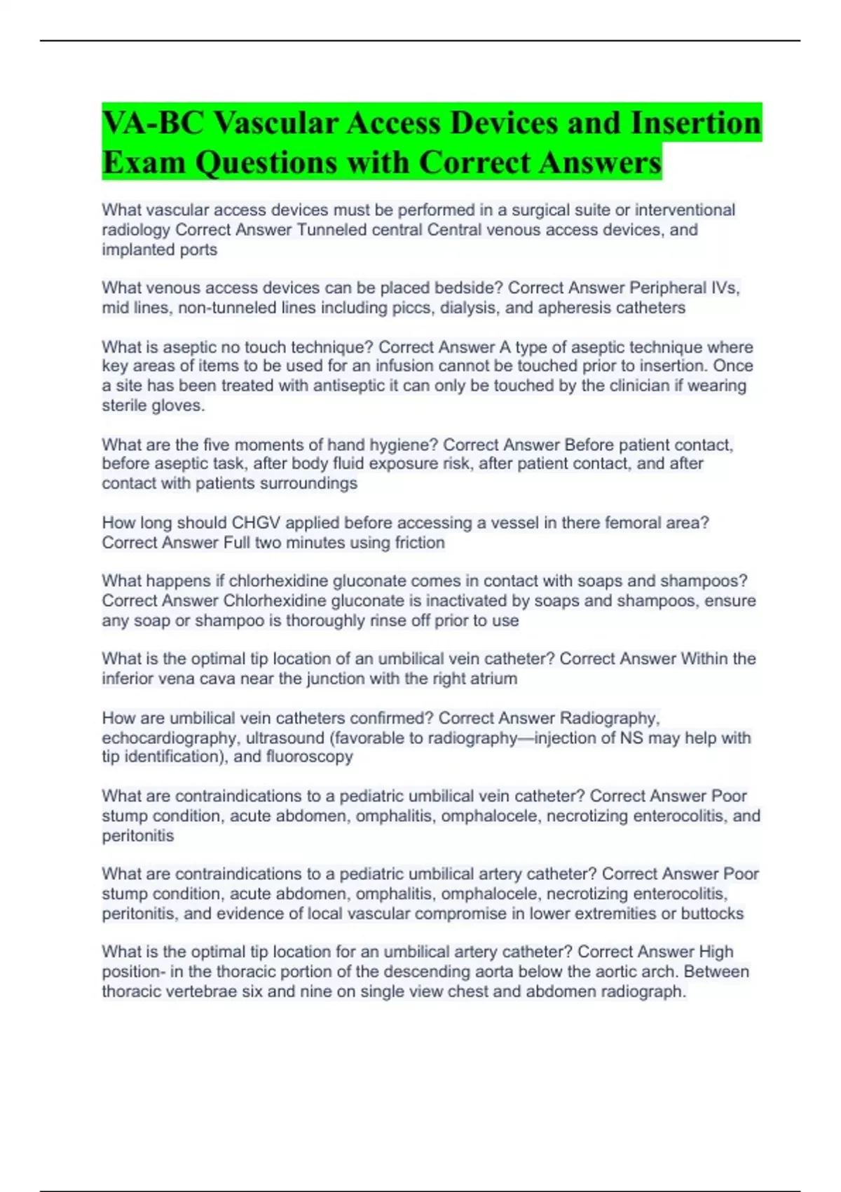 VA-BC Vascular Access Devices and Insertion Exam Questions with Correct Answers - VA-BC - Stuvia US