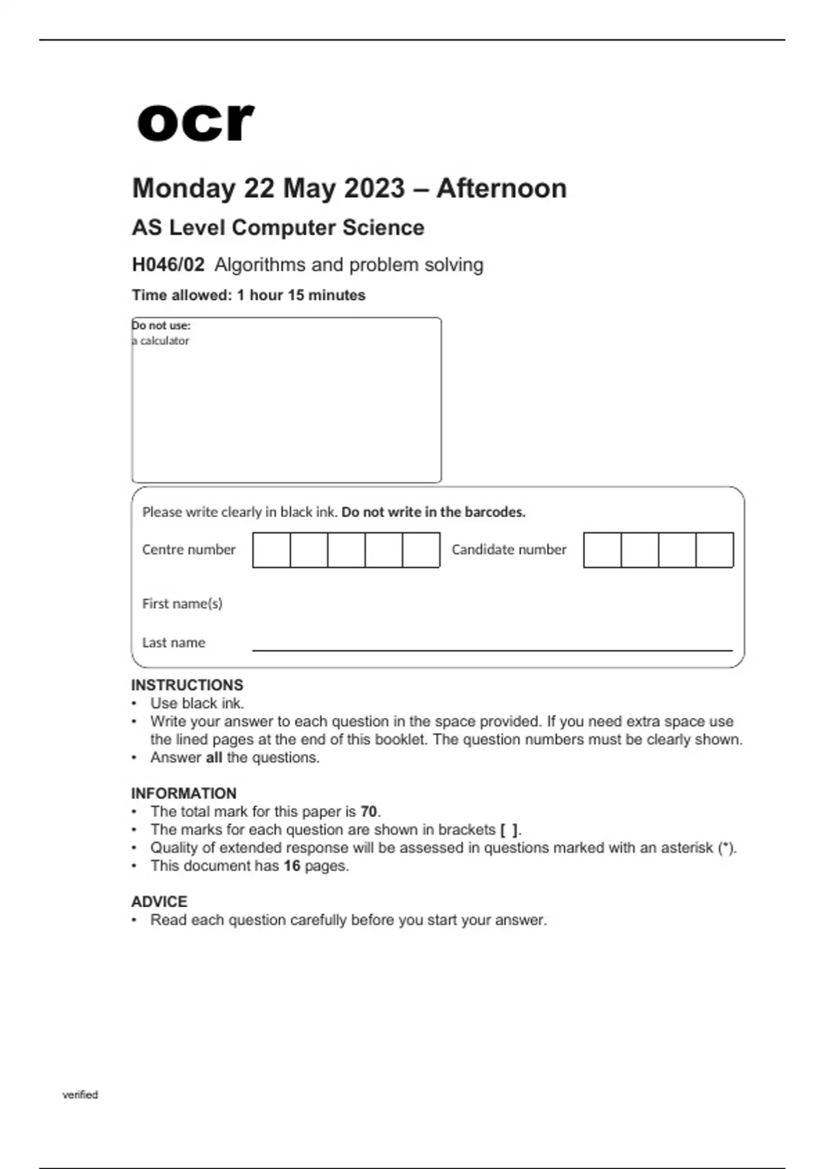 ocr AS Level Computer Science H046/02 June2023 Question Paper and Mark scheme. - Stuvia US