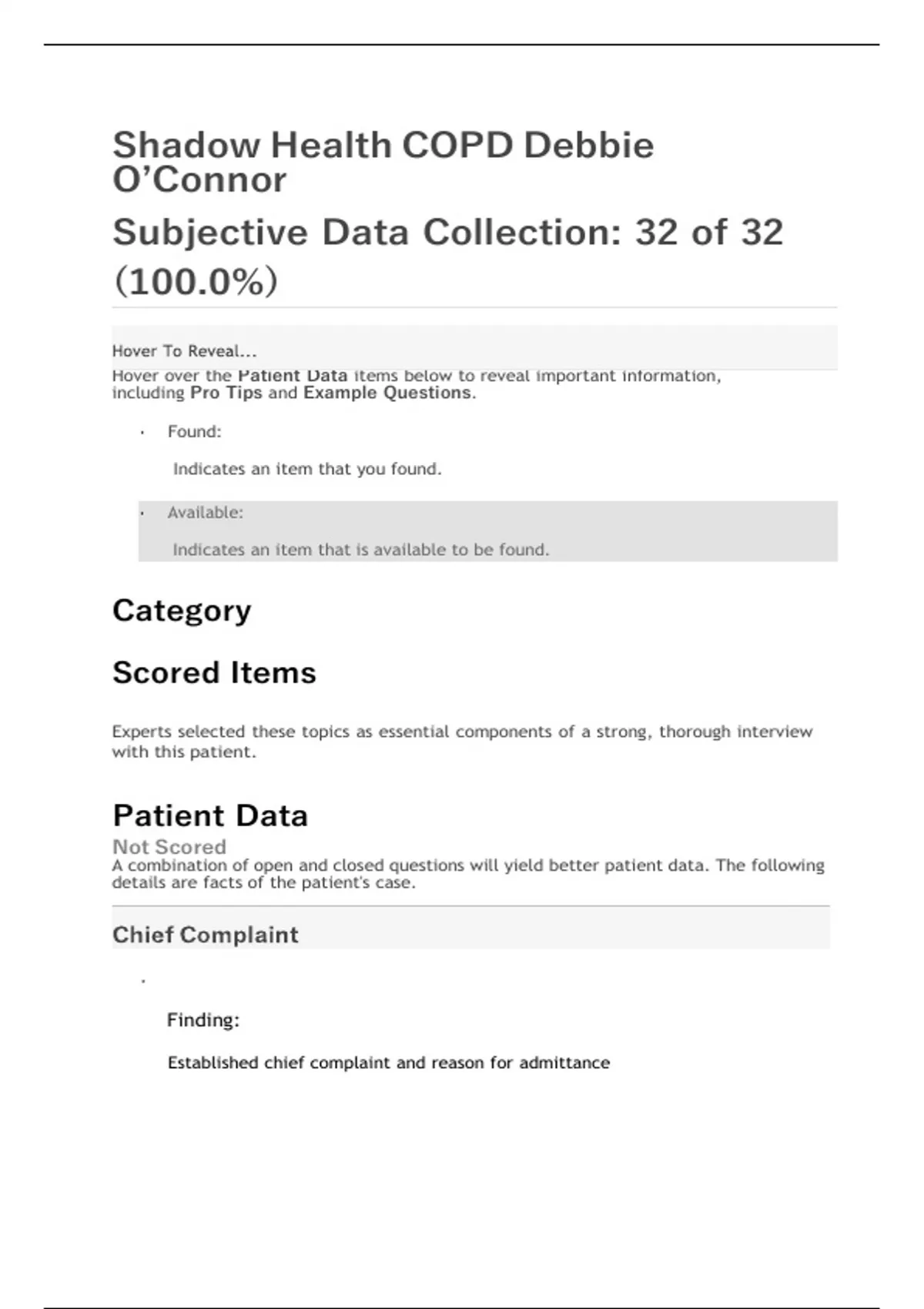 Shadow Health COPD Debbie O’Connor (Score 100%) - Advance nursing - Stuvia US