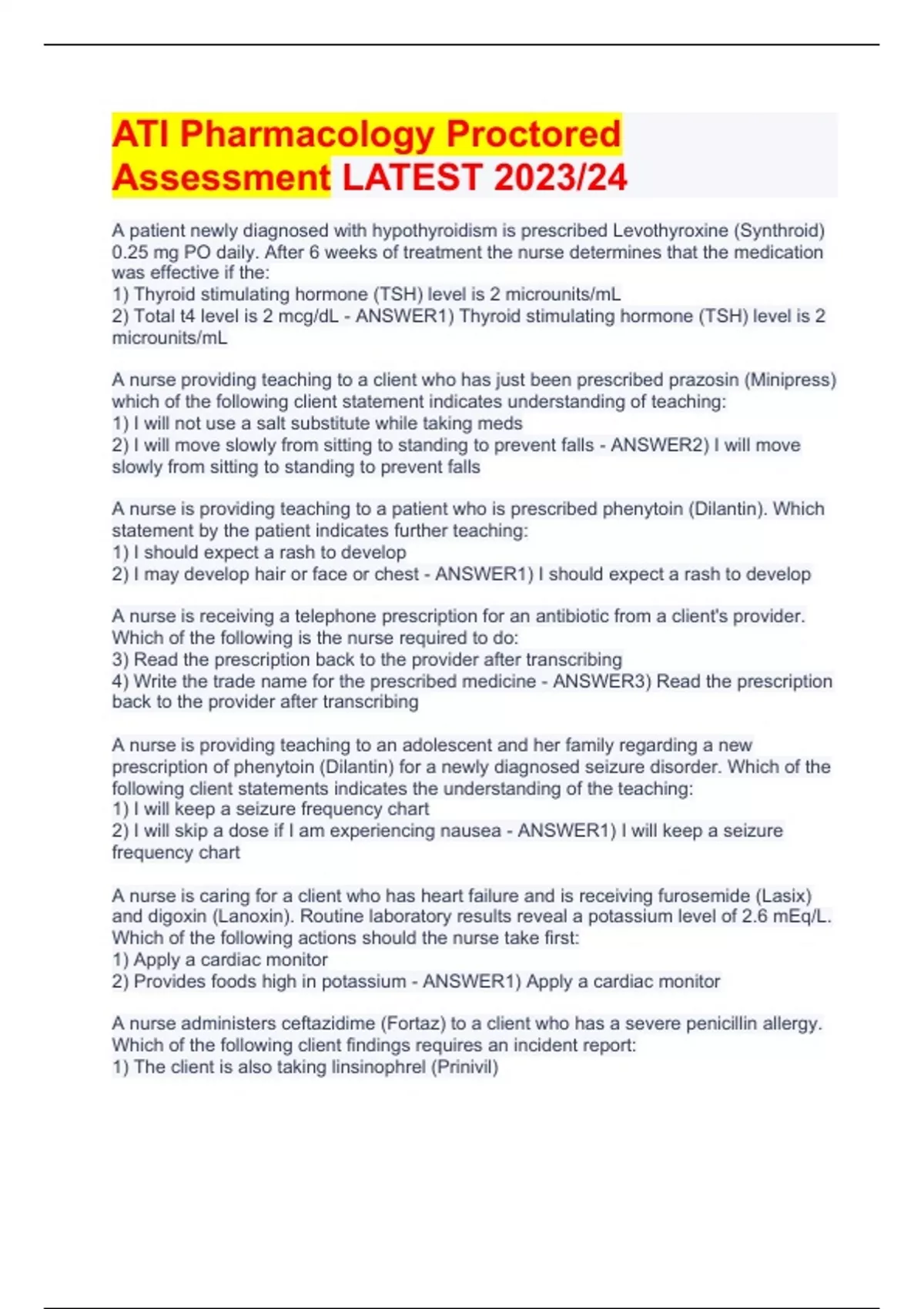 ATI Pharmacology Proctored Assessment LATEST 2023/24 - ATI Pharmacology ...