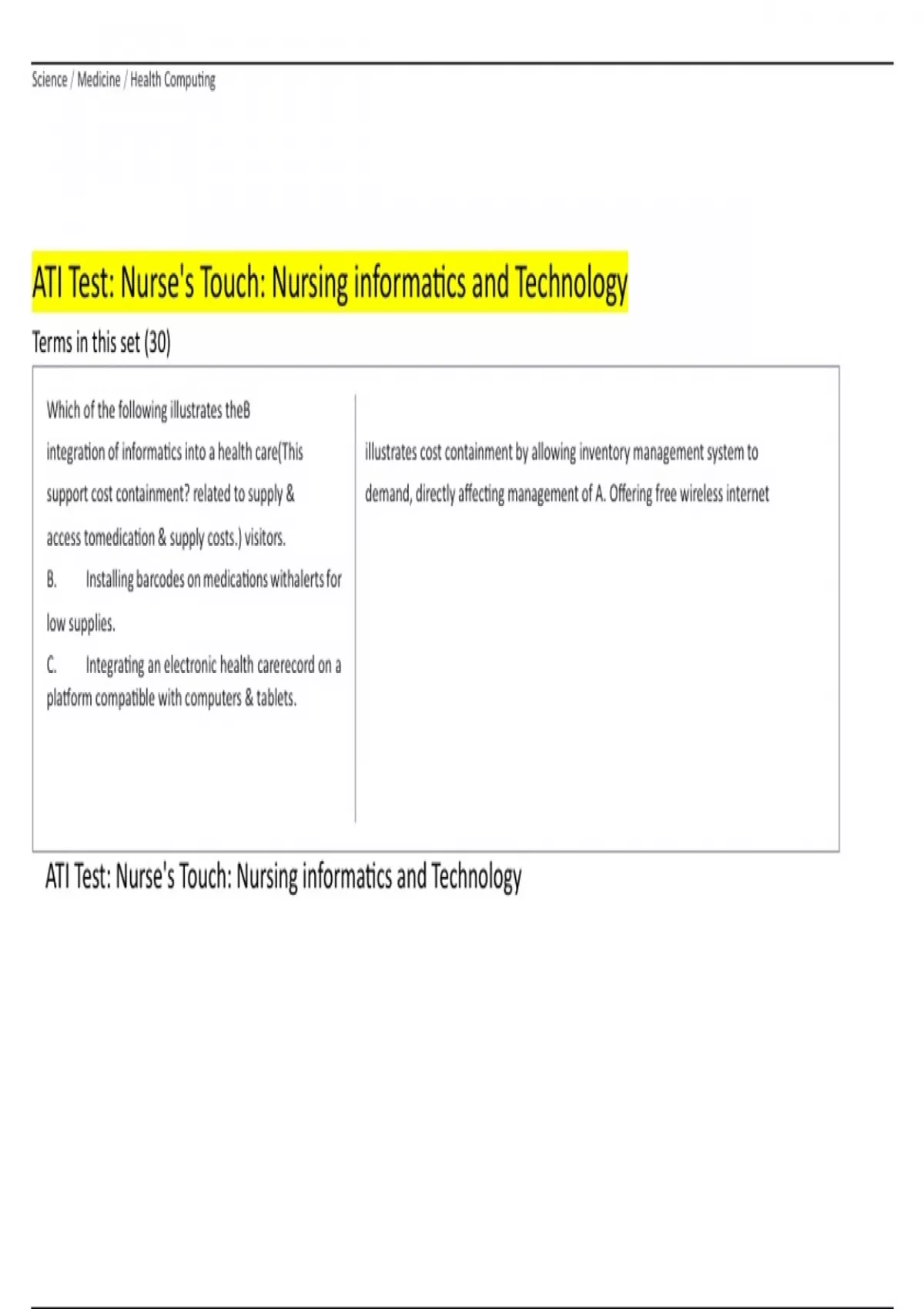 ATI Test: Nurse's Touch: Nursing informatics and Technology - Advance ...