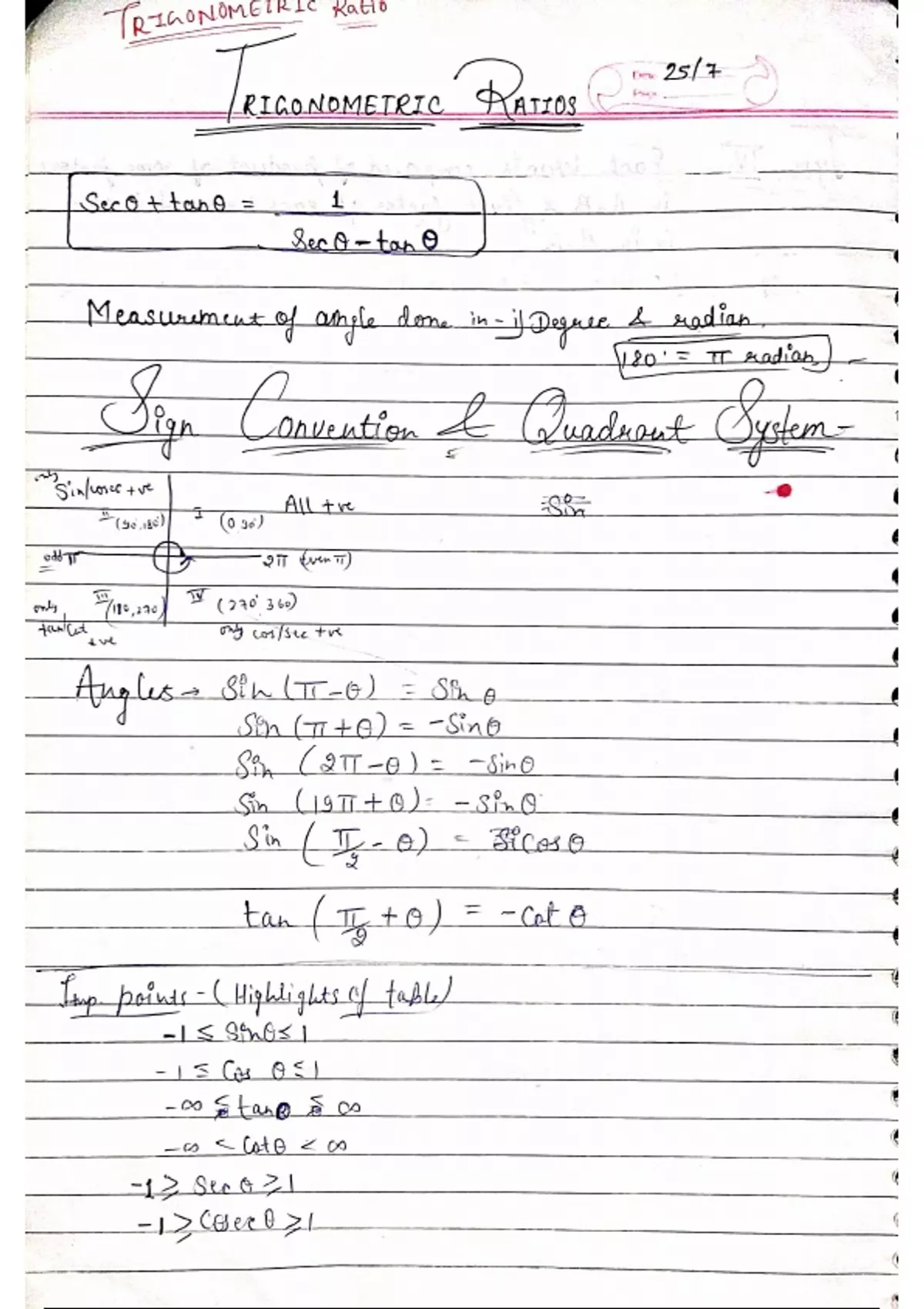 Trigonometric Ratios (Summary One shot revision) Handwritten notes ...