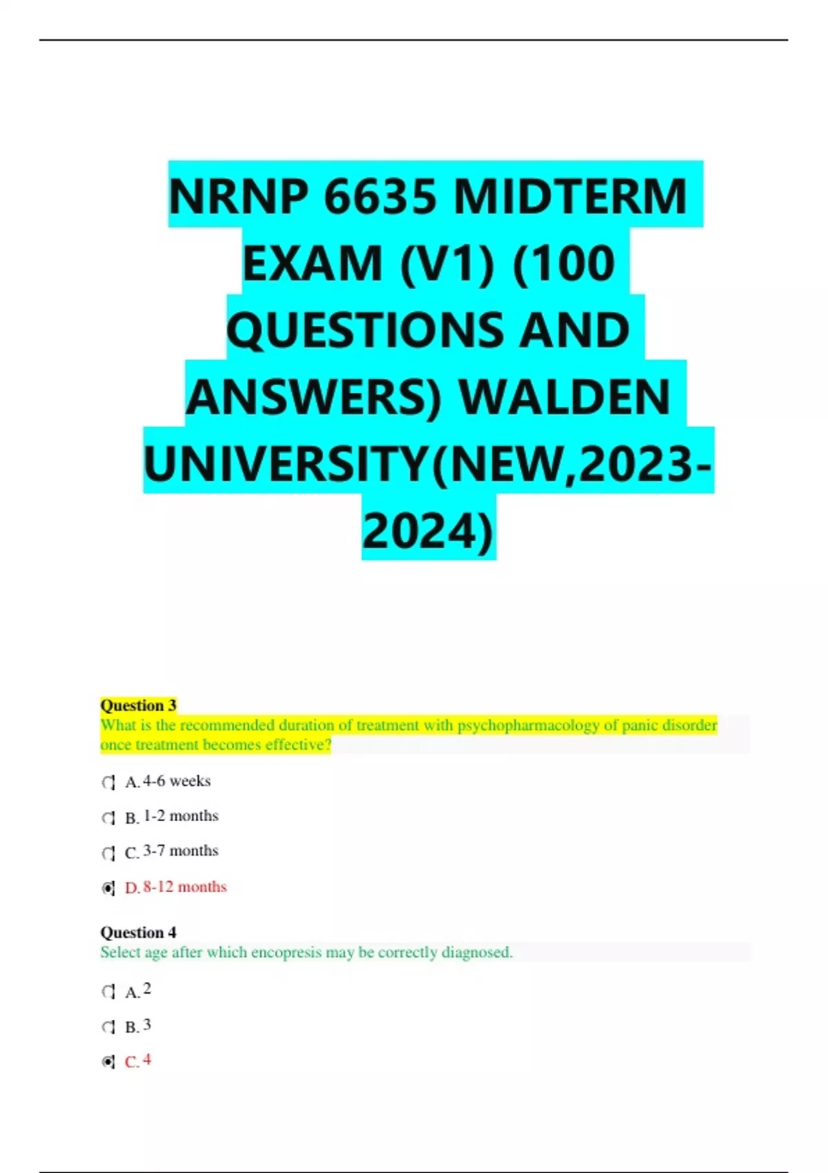 NRNP 6635 MIDTERM EXAM (V1) (100 QUESTIONS AND ANSWERS) WALDEN ...