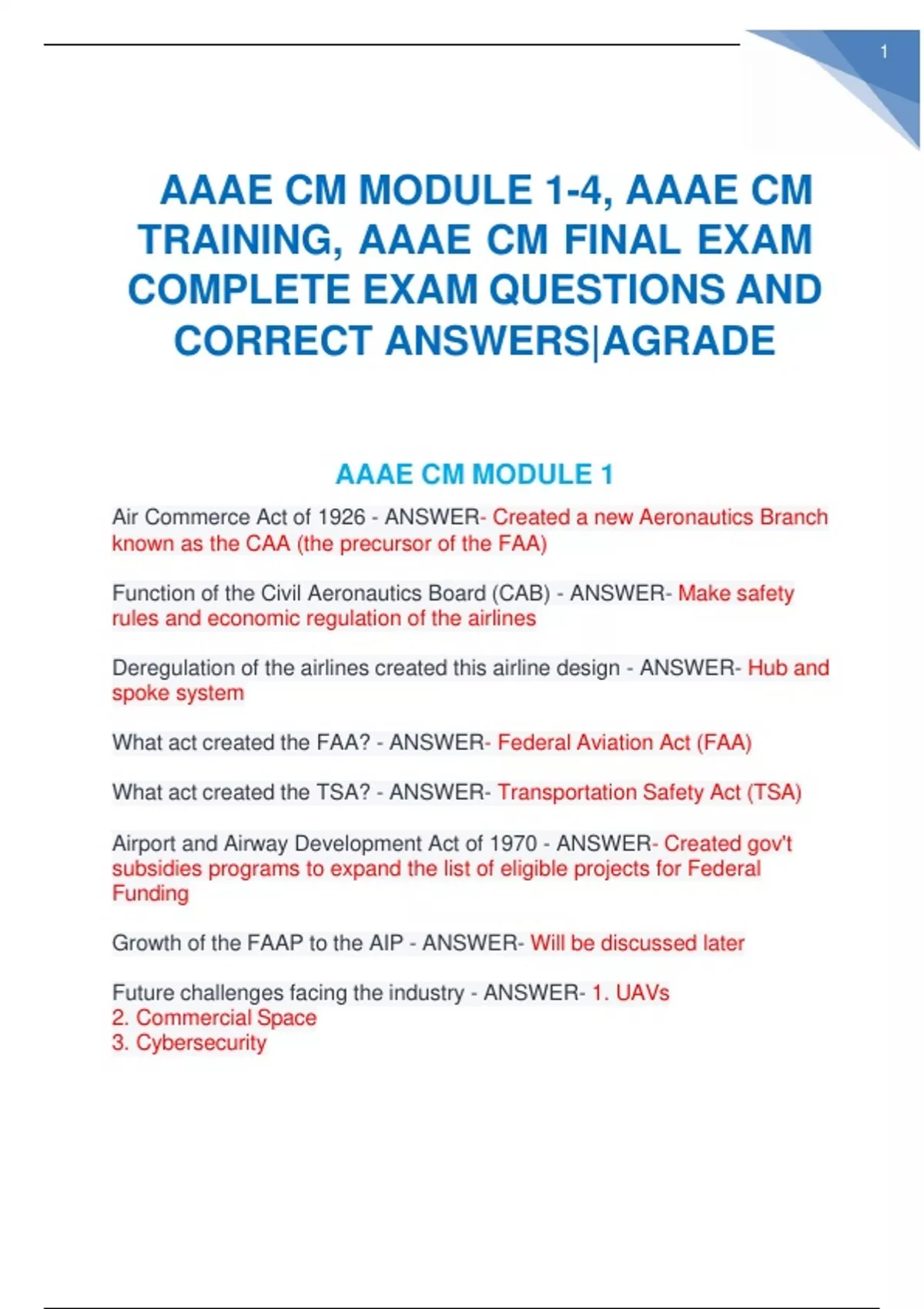 AAAE CM MODULE 1-4, AAAE CM TRAINING, AAAE CM FINAL EXAM COMPLETE EXAM QUESTIONS AND CORRECT ...