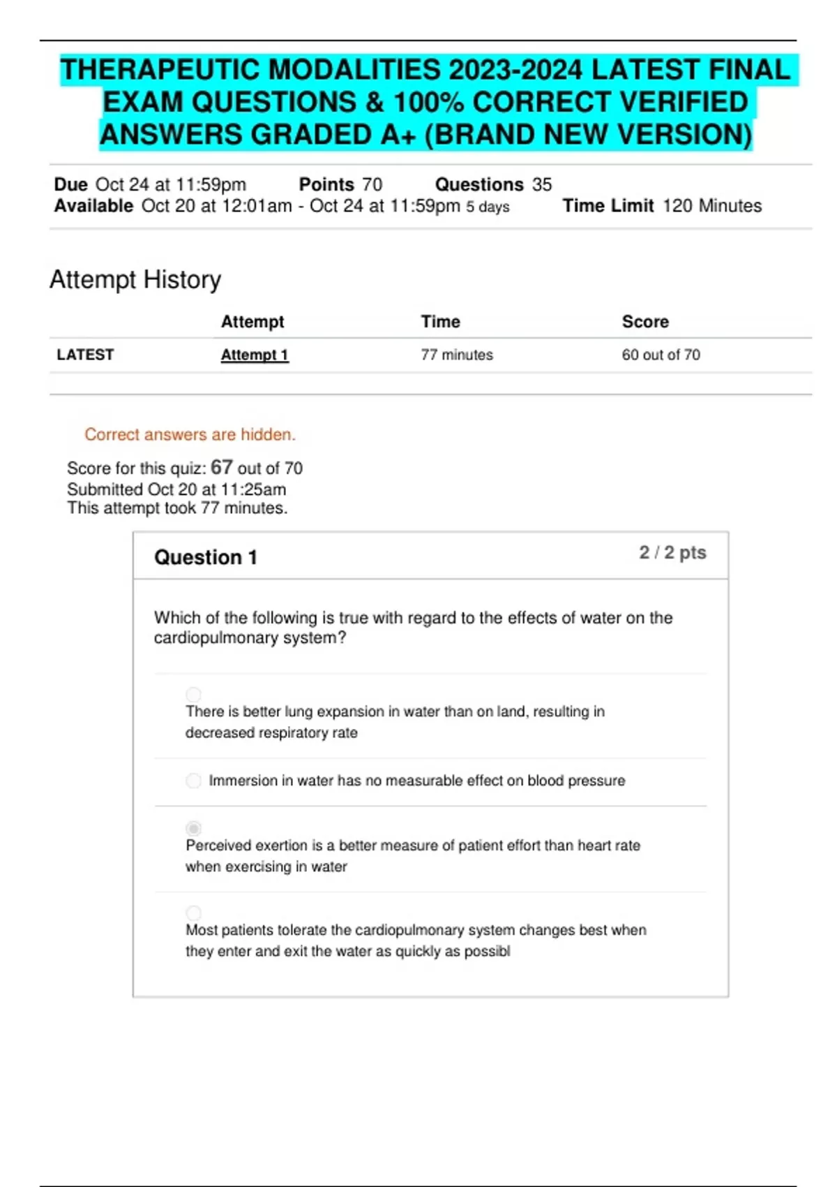 THERAPEUTIC MODALITIES LATEST FINAL EXAM QUESTIONS & 100% CORRECT ...