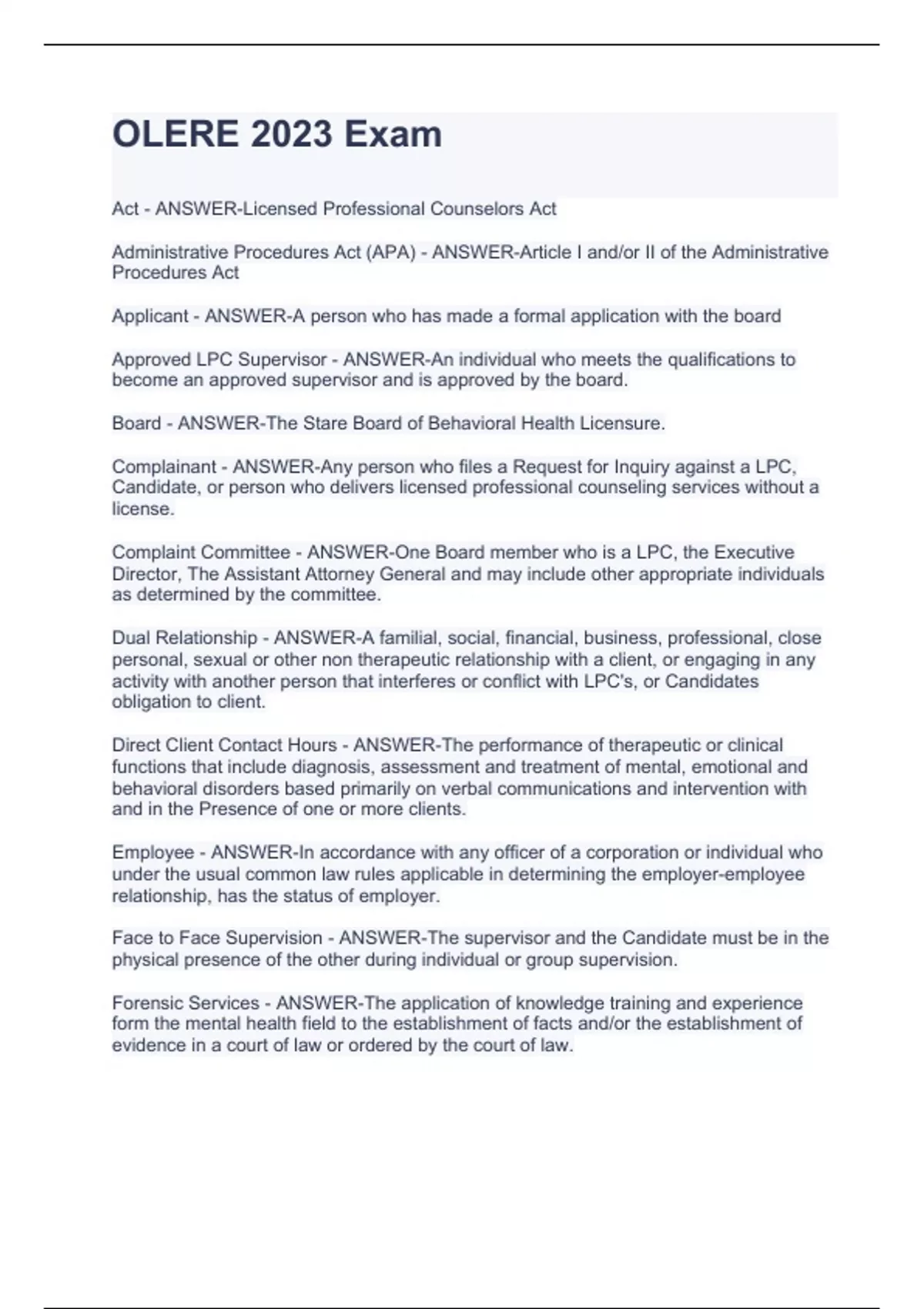OLERE Exam Questions and Answers 2023 - OLERE - Stuvia US