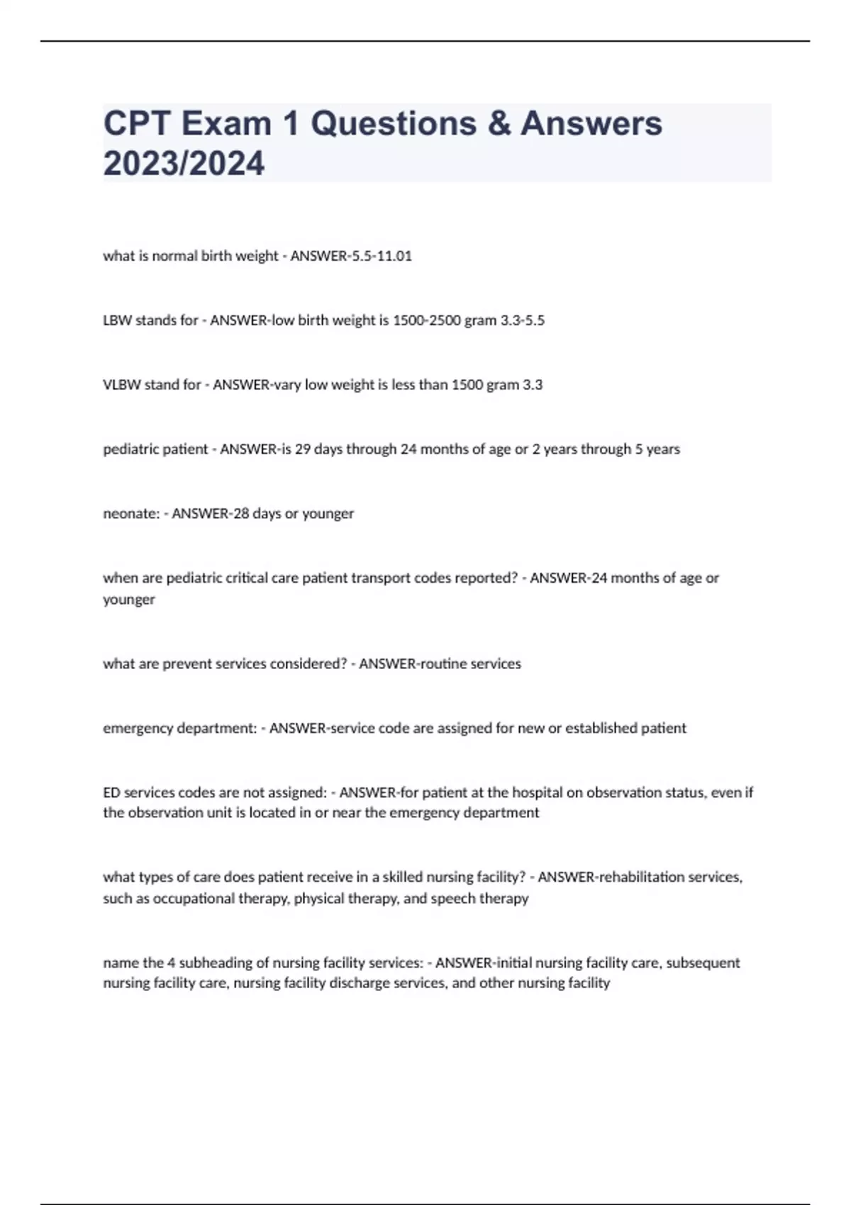 CPT Exam 1 Questions & Answers 2023/2024 - CPT - Stuvia US