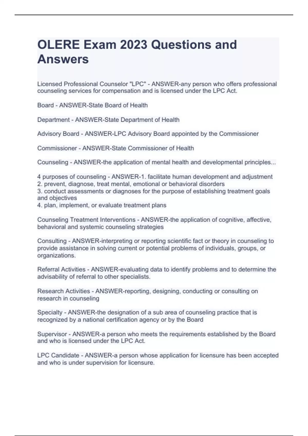 OLERE Exam 2023 Questions and Answers - OLERE - Stuvia US