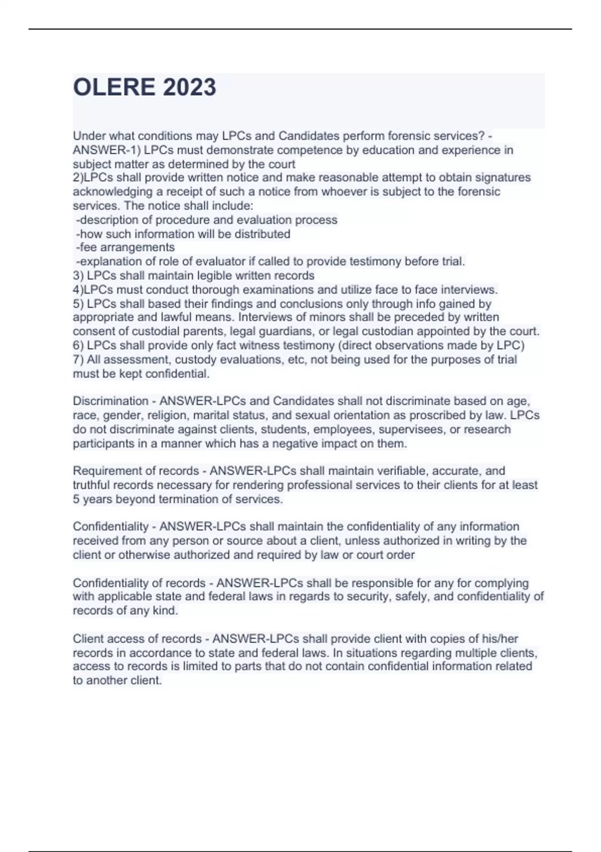 OLERE 2023 Exam with complete solutions - OLERE - Stuvia US