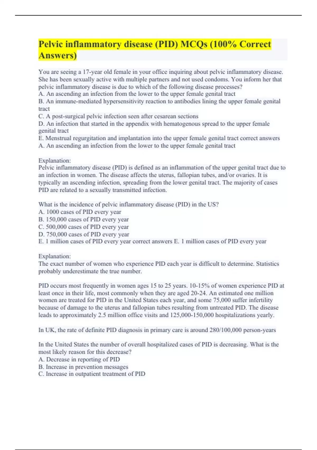 Pelvic inflammatory disease (PID) MCQs (100% Correct Answers) - Pelvic ...