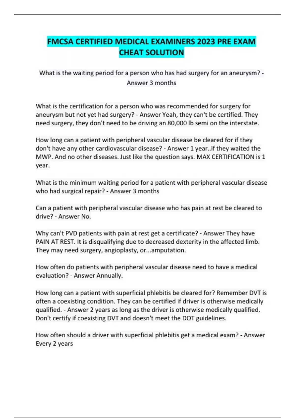 FMCSA CERTIFIED MEDICAL EXAMINERS 2023 PRE EXAM CHEAT SOLUTION - FMCSA ...