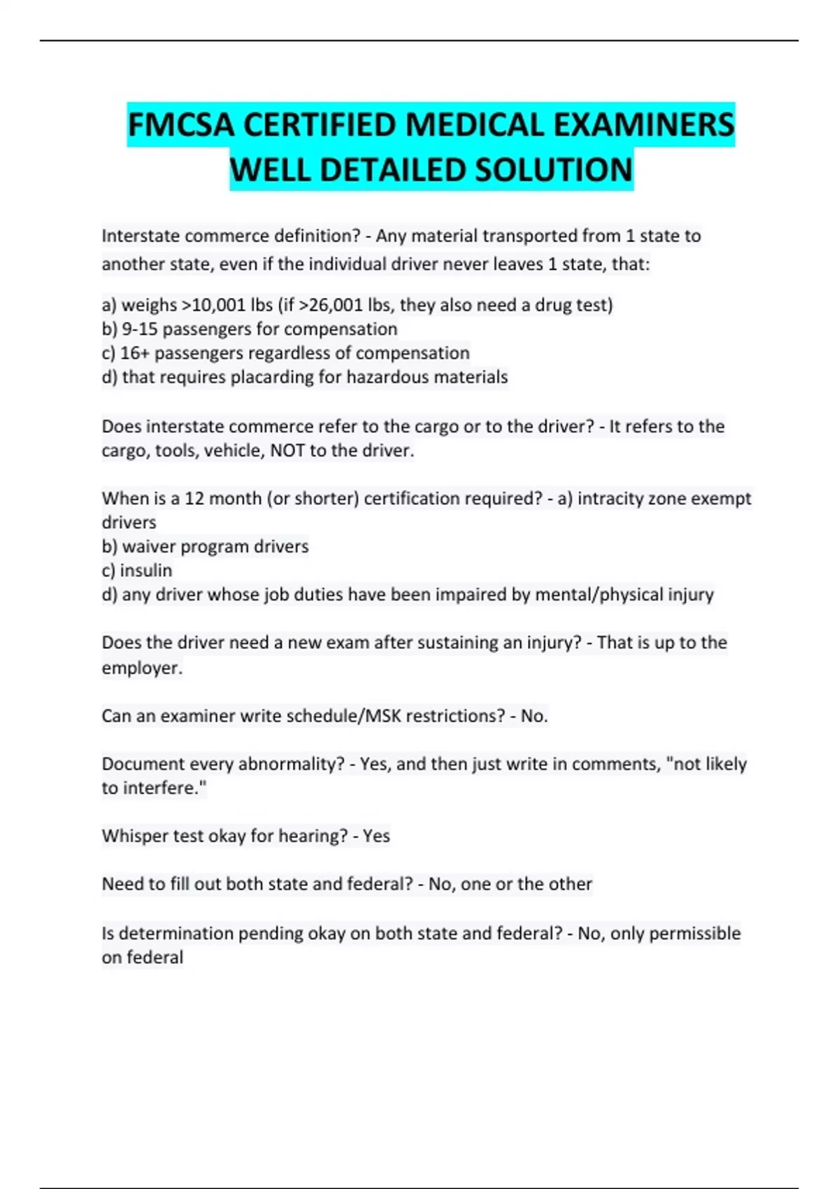 FMCSA CERTIFIED MEDICAL EXAMINERS WELL DETAILED SOLUTION - FMCSA ...