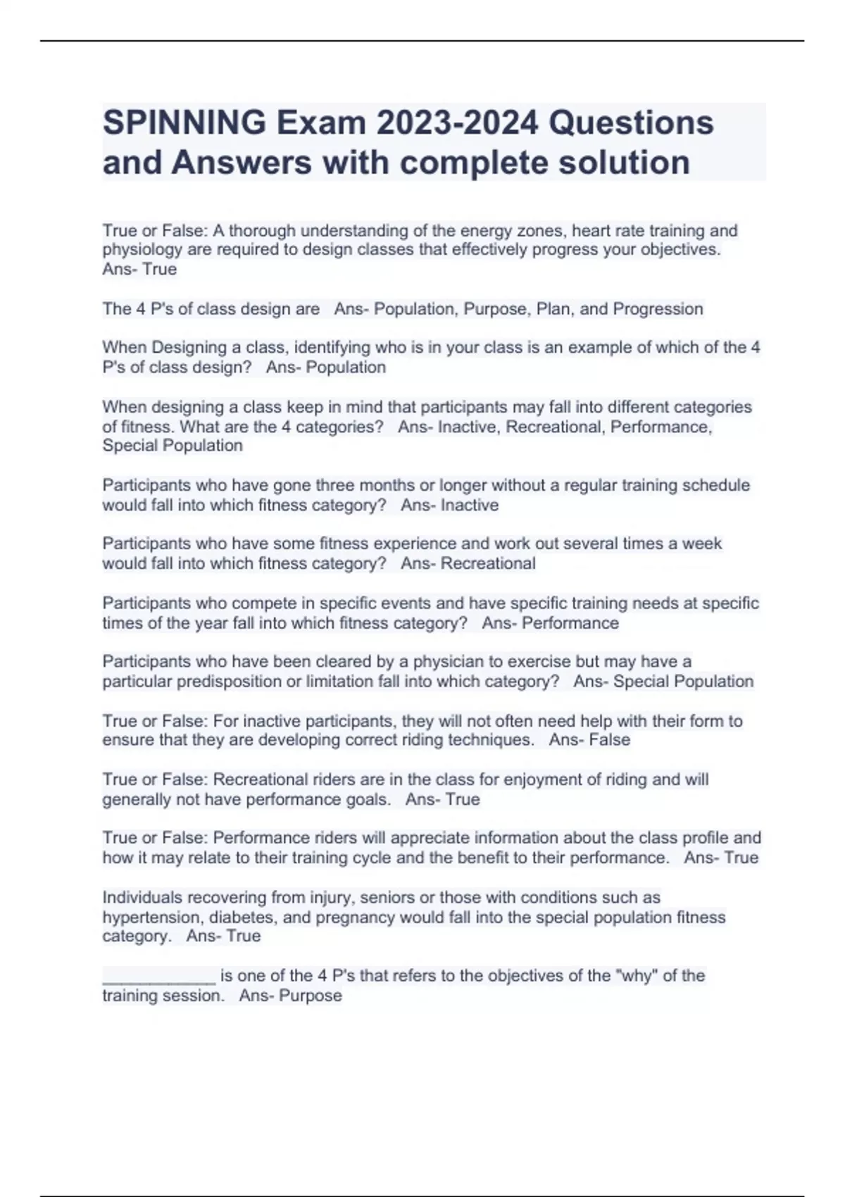 SPINNING Exam Questions and Answers with complete solution - SPINNING ...