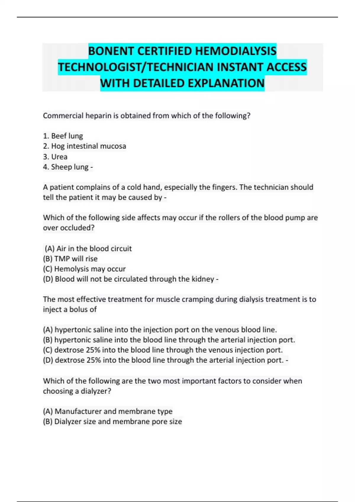 BONENT CERTIFIED HEMODIALYSIS TECHNOLOGIST TECHNICIAN INSTANT ACCESS ...