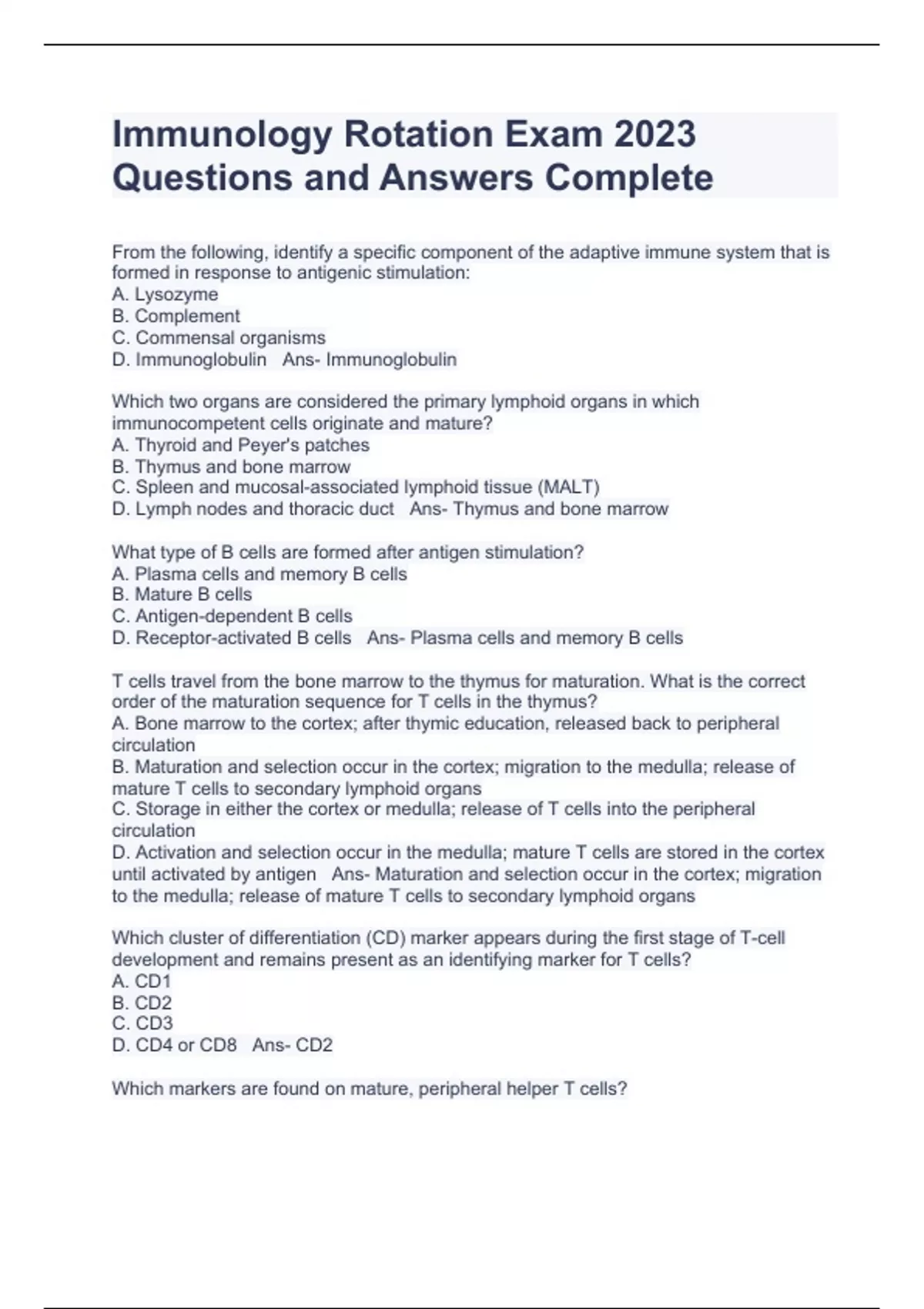 Immunology Rotation Exam 2023 Questions and Answers Complete ...