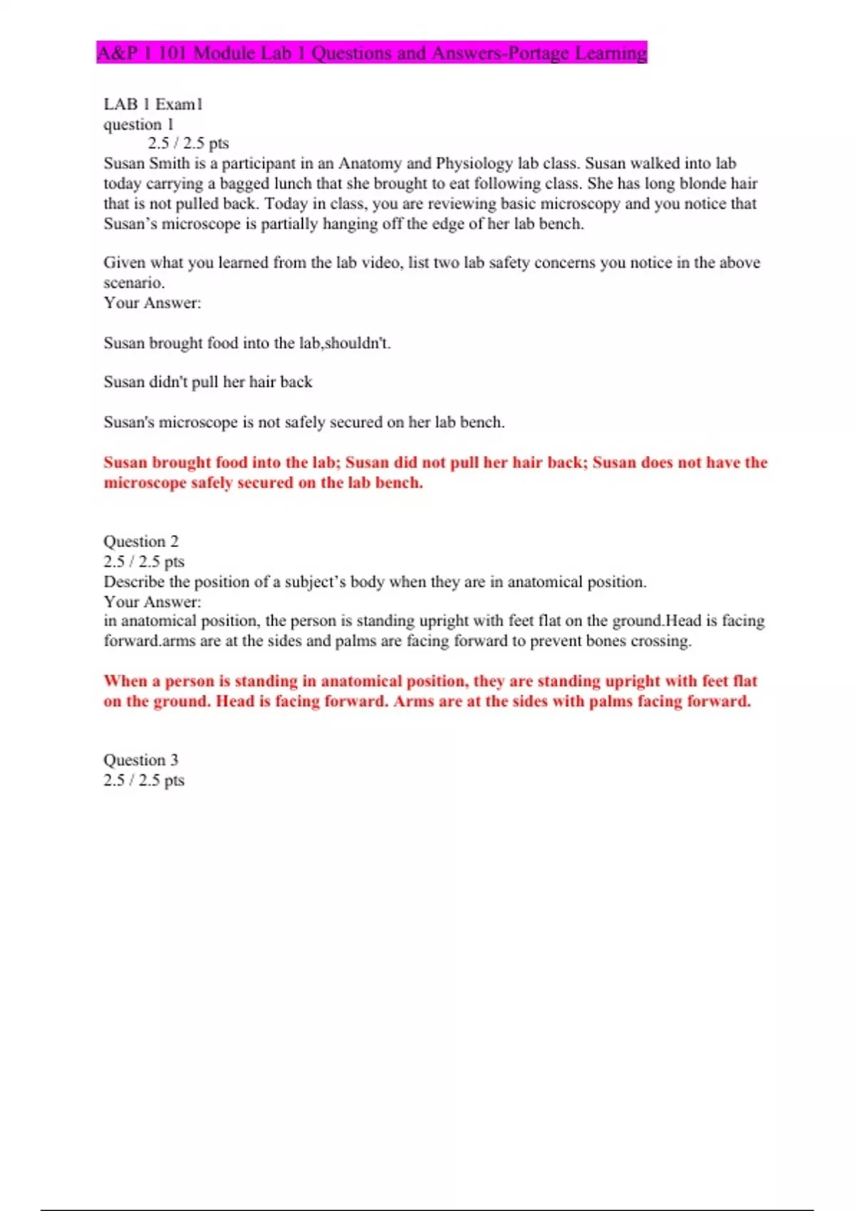 A&P 1 101 Module Lab 1 Exam 1 Questions and Answers-Portage Learning ...