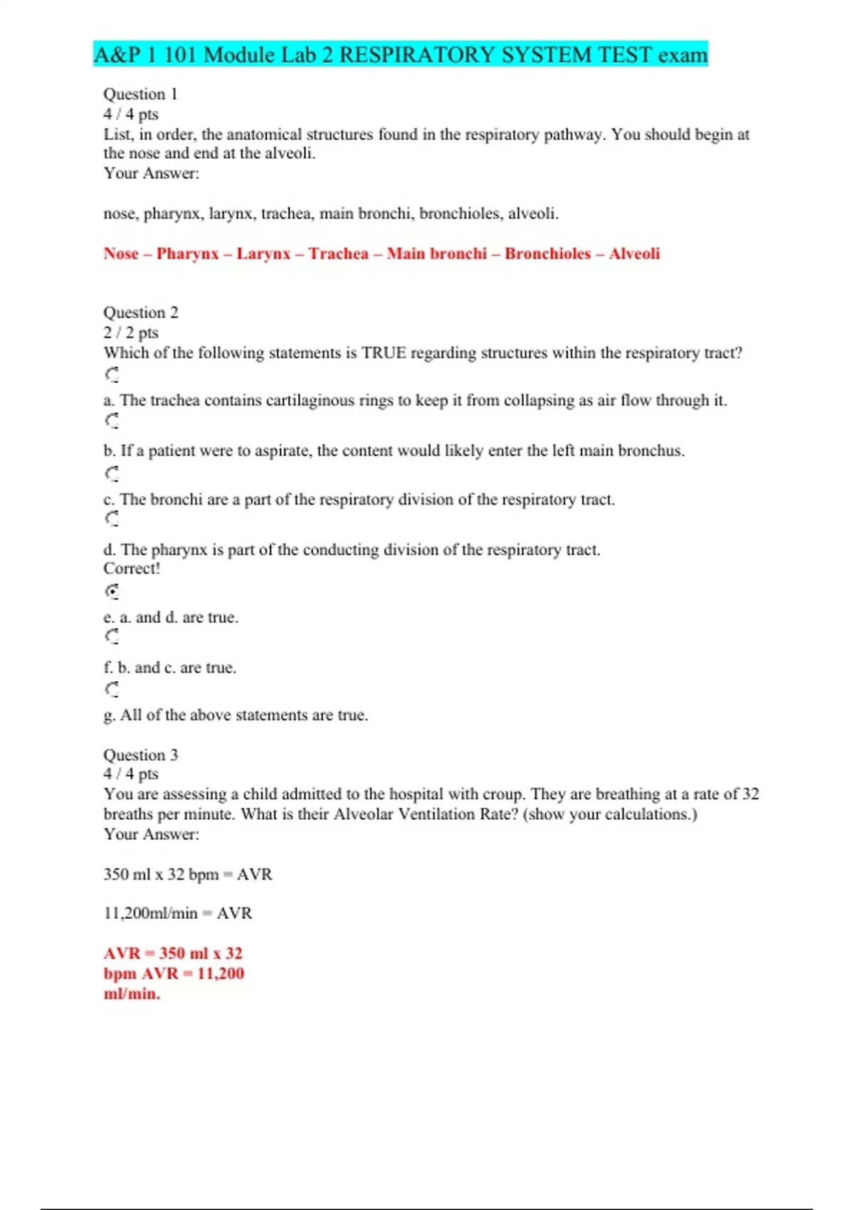A P 1 101 Module Lab 2 Exam 2 Respiratory System Test Portage