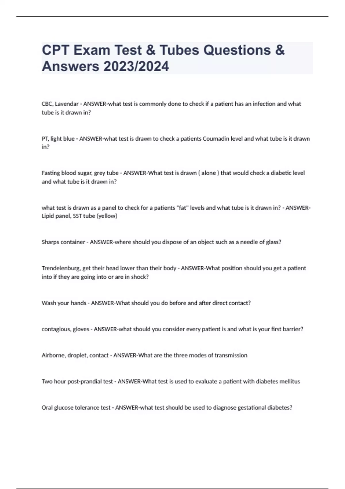 CPT Exam Test & Tubes Questions & Answers 2023/2024 - CPT - Stuvia US