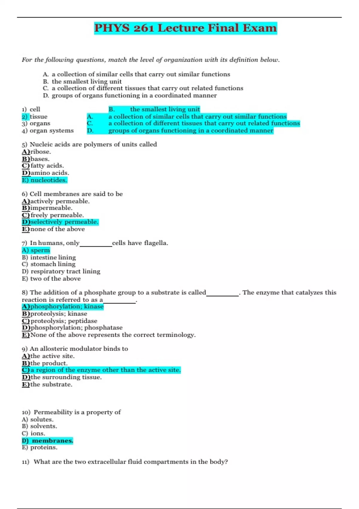 PHYS 261 Lecture Final Exam - Questions and Answers - PHYS 261 Human Physiology - Stuvia US