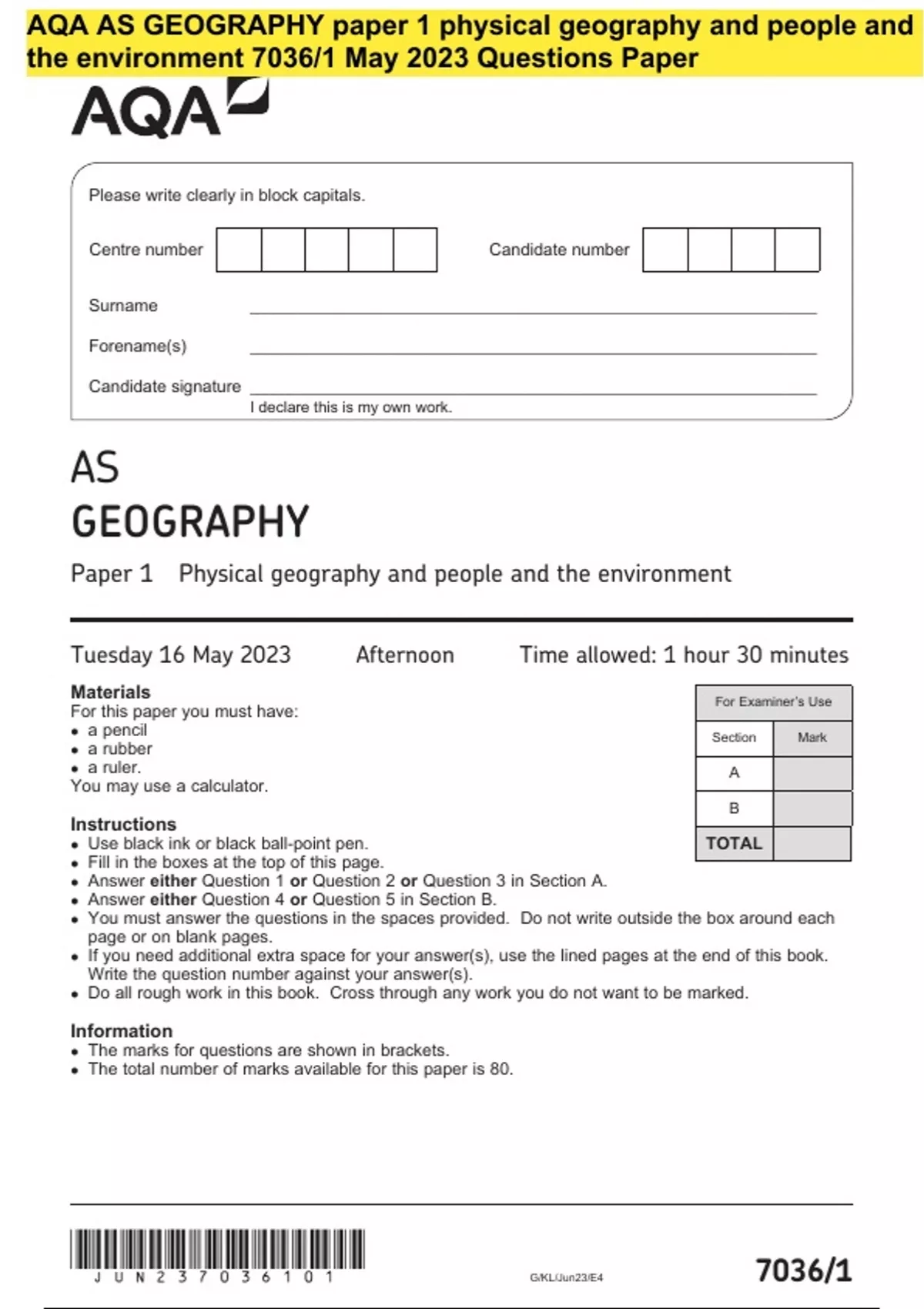 AQA AS GEOGRAPHY paper 1 physical geography and people and the ...