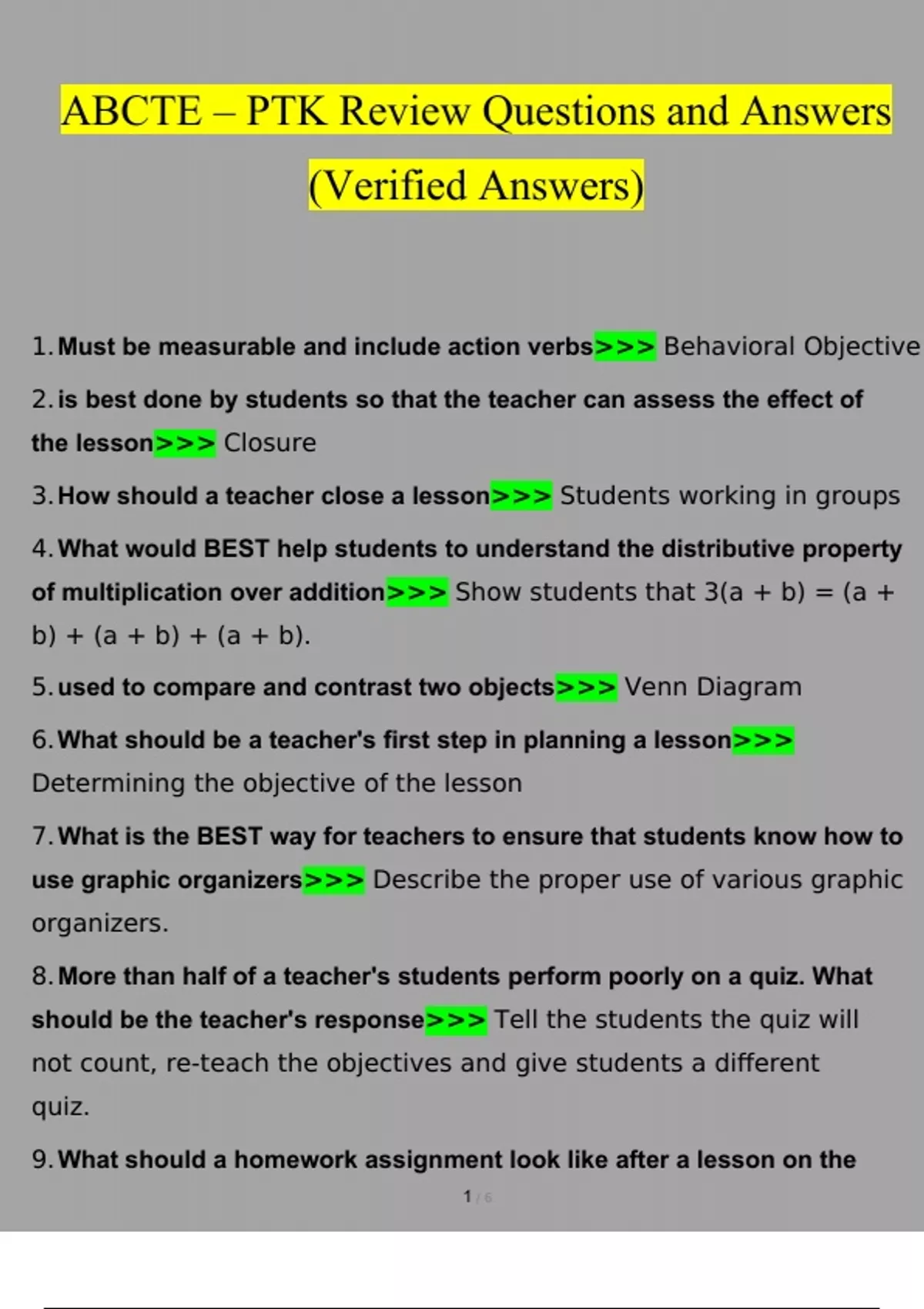 ABCTE PTK STUDY BUNDLE PACK SOLUTION (Questions and Answers )(2022/2023) (Verified Answers ...