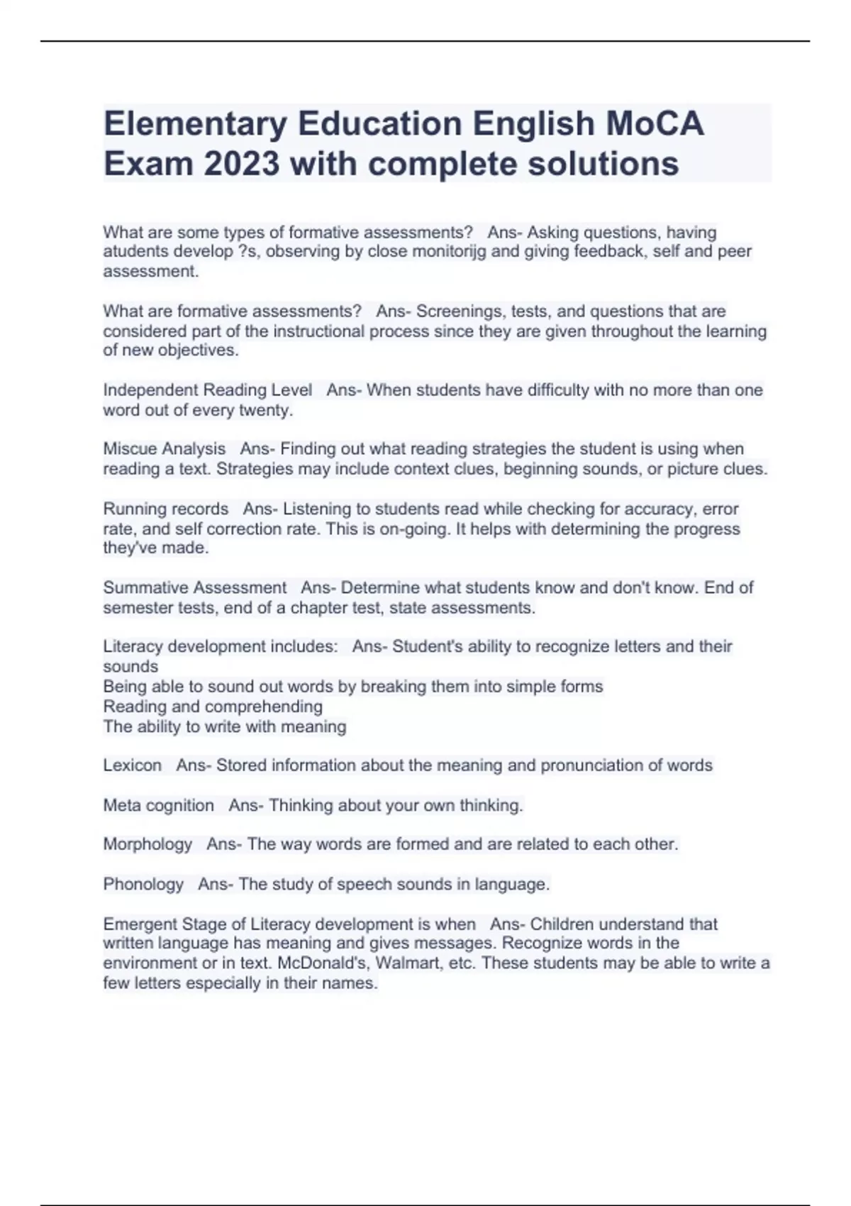 Elementary Education English MoCA Exam 2023 with complete solutions ...