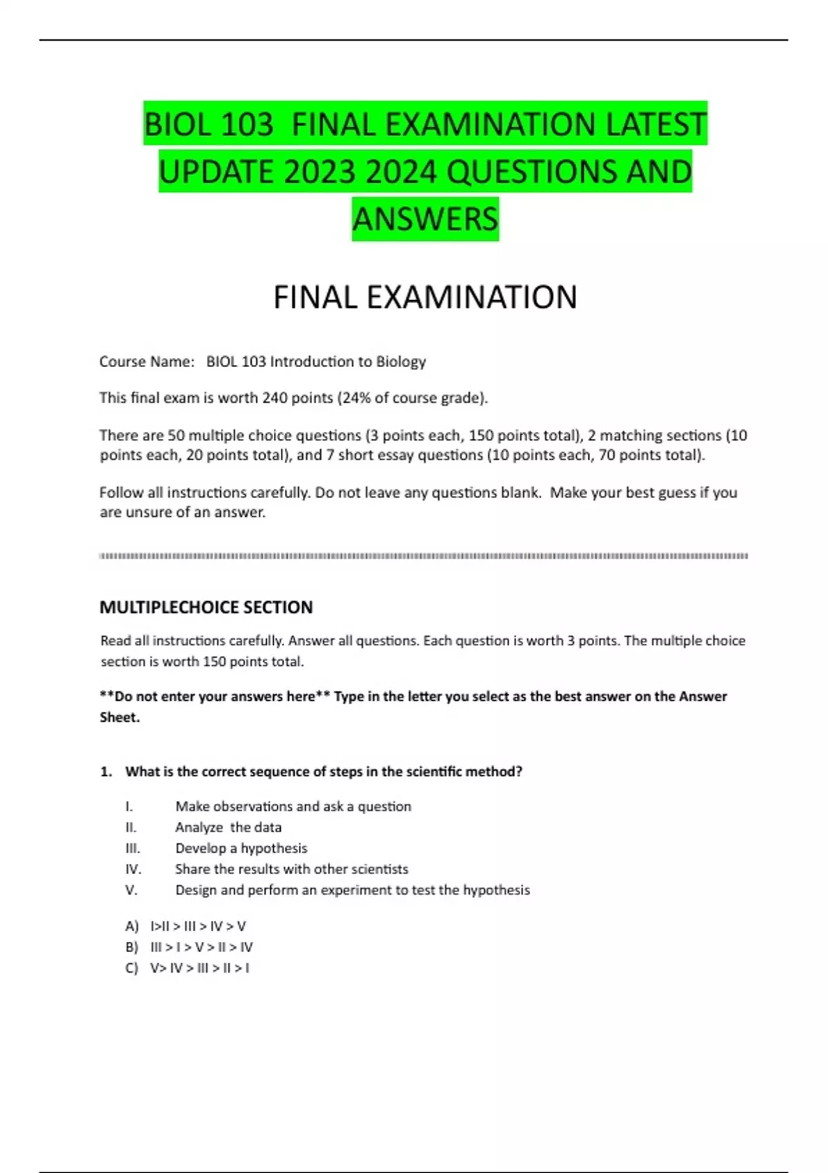 BIOL 103 FINAL EXAMINATION LATEST UPDATE QUESTIONS AND ANSWERS - BIOL ...