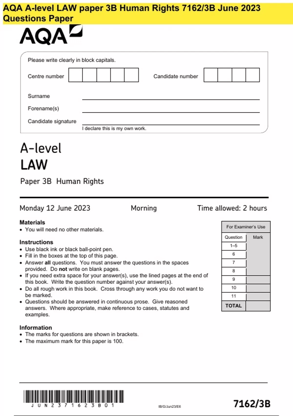 AQA A-level LAW paper 3B Human Rights 7162/3B June 2023 Questions Paper ...
