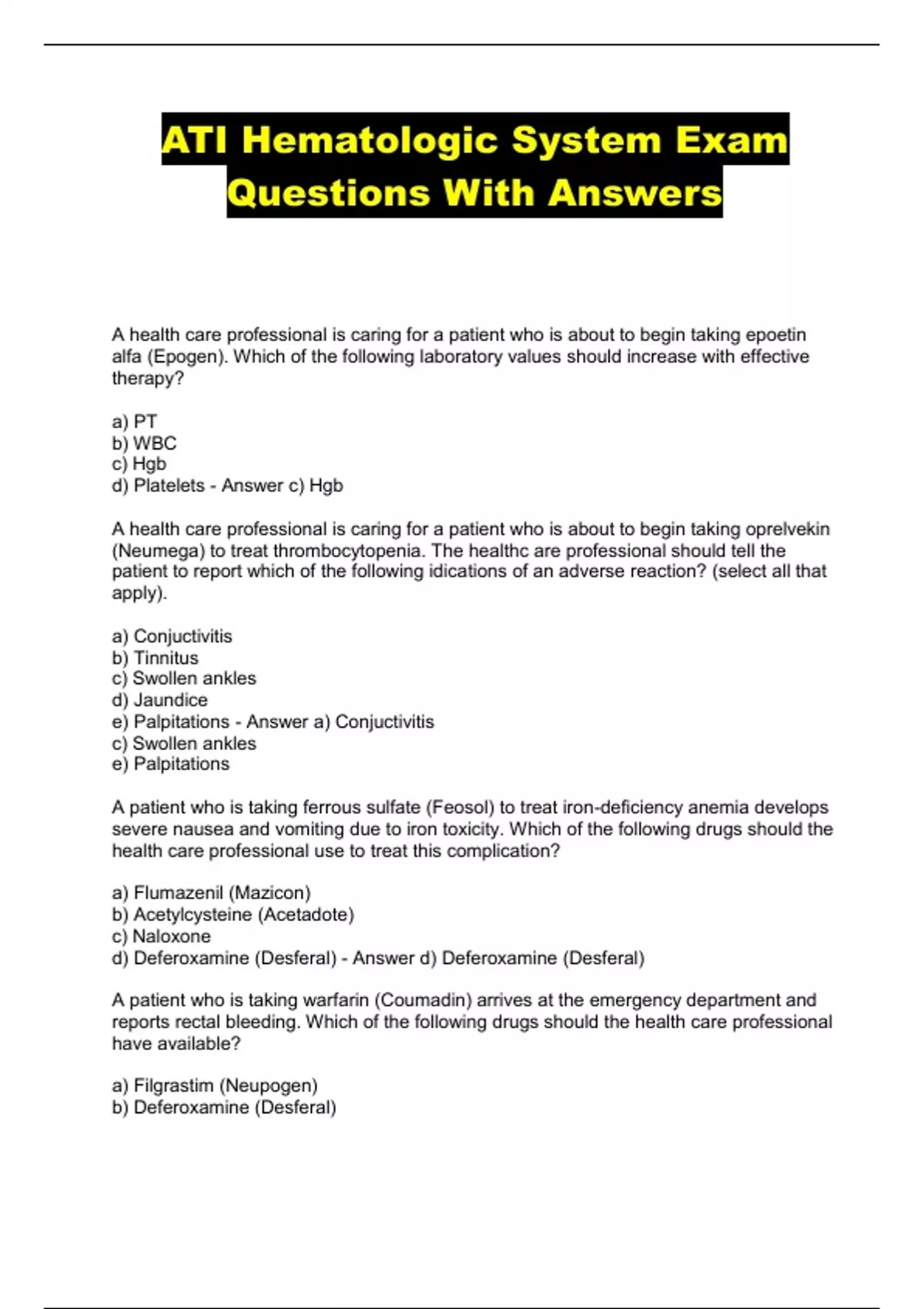 ATI Hematologic System Exam Questions With Answers - ATI Hematologic ...
