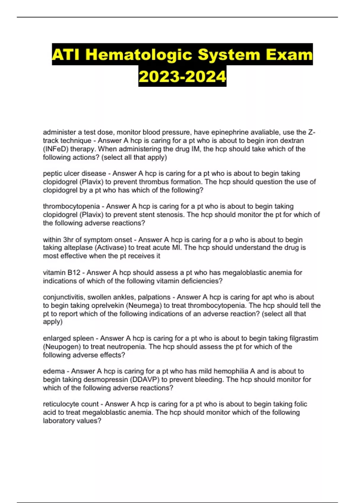 ATI Hematologic System Exam - ATI Hematologic System - Stuvia UK