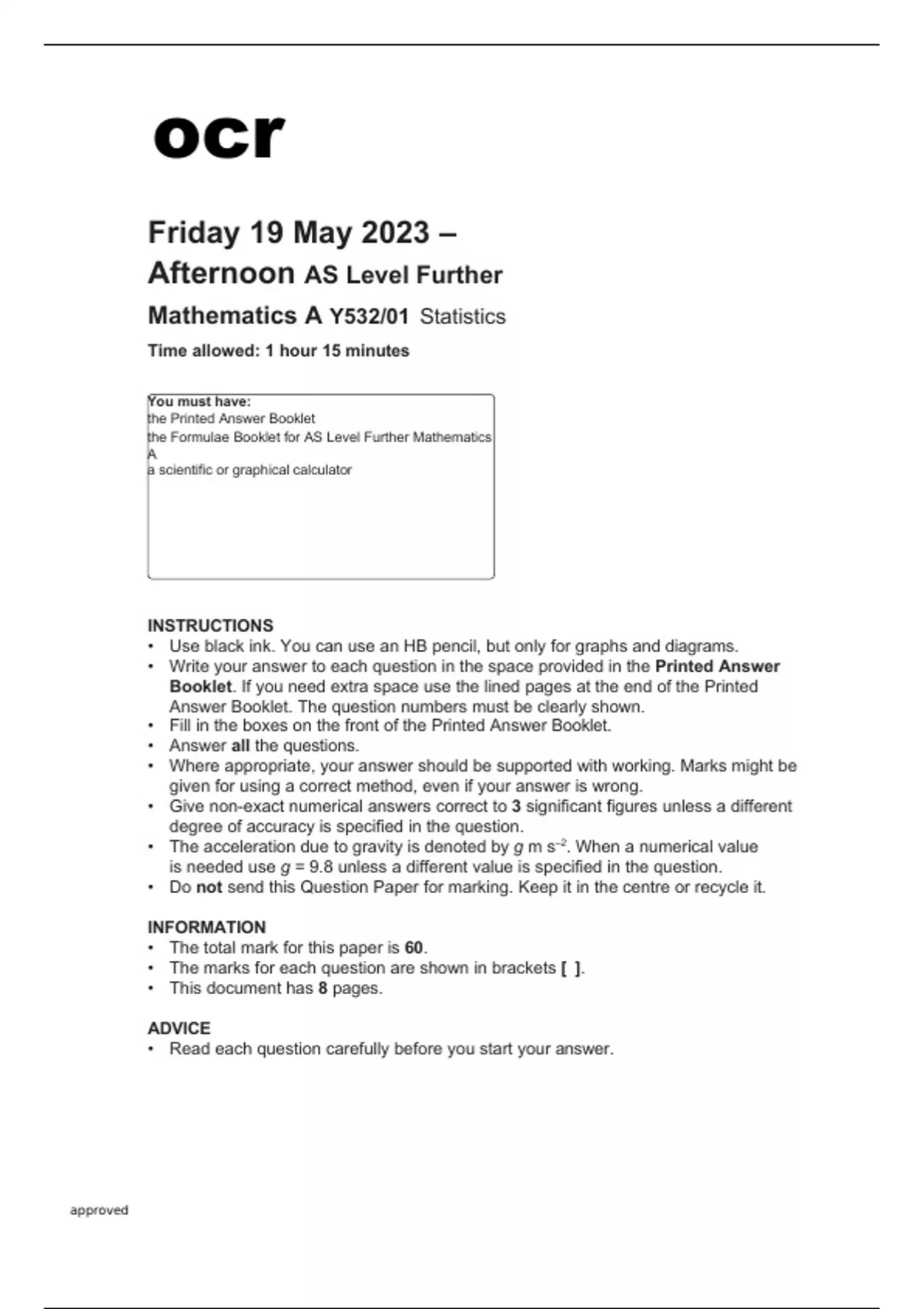 ocr AS Level Further Mathematics A Y532/01 June2023 Question Paper and ...