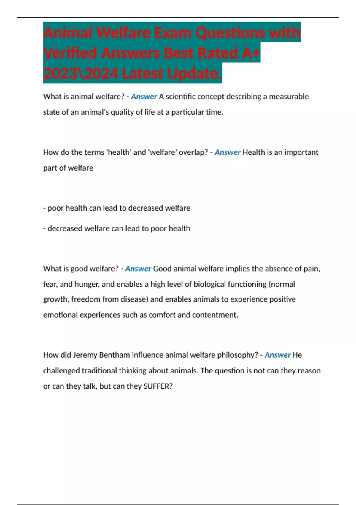 Animal Welfare Exam Questions with Verified Answers Best Rated A+ ...