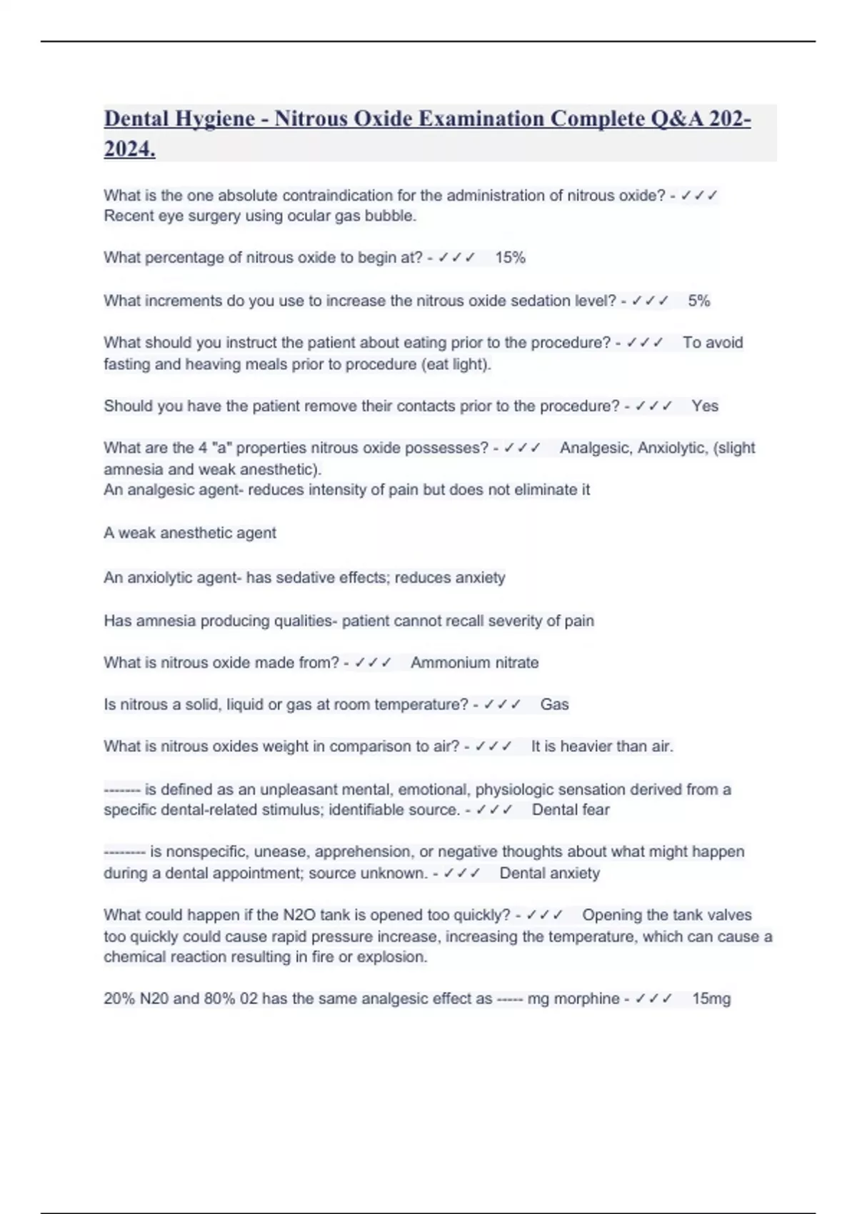 Dental Hygiene - Nitrous Oxide Examination Complete Q&A 202-2024 ...