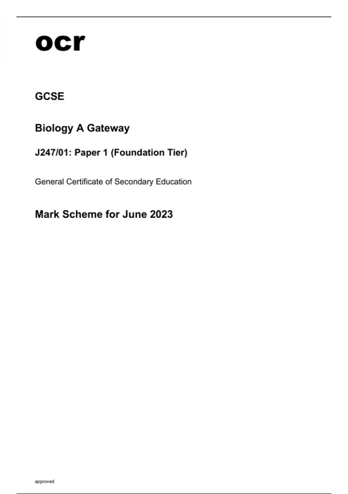 ocr GCSE Biology A Gateway J247/01 June2023 Question Paper and Mark Scheme. - Stuvia US