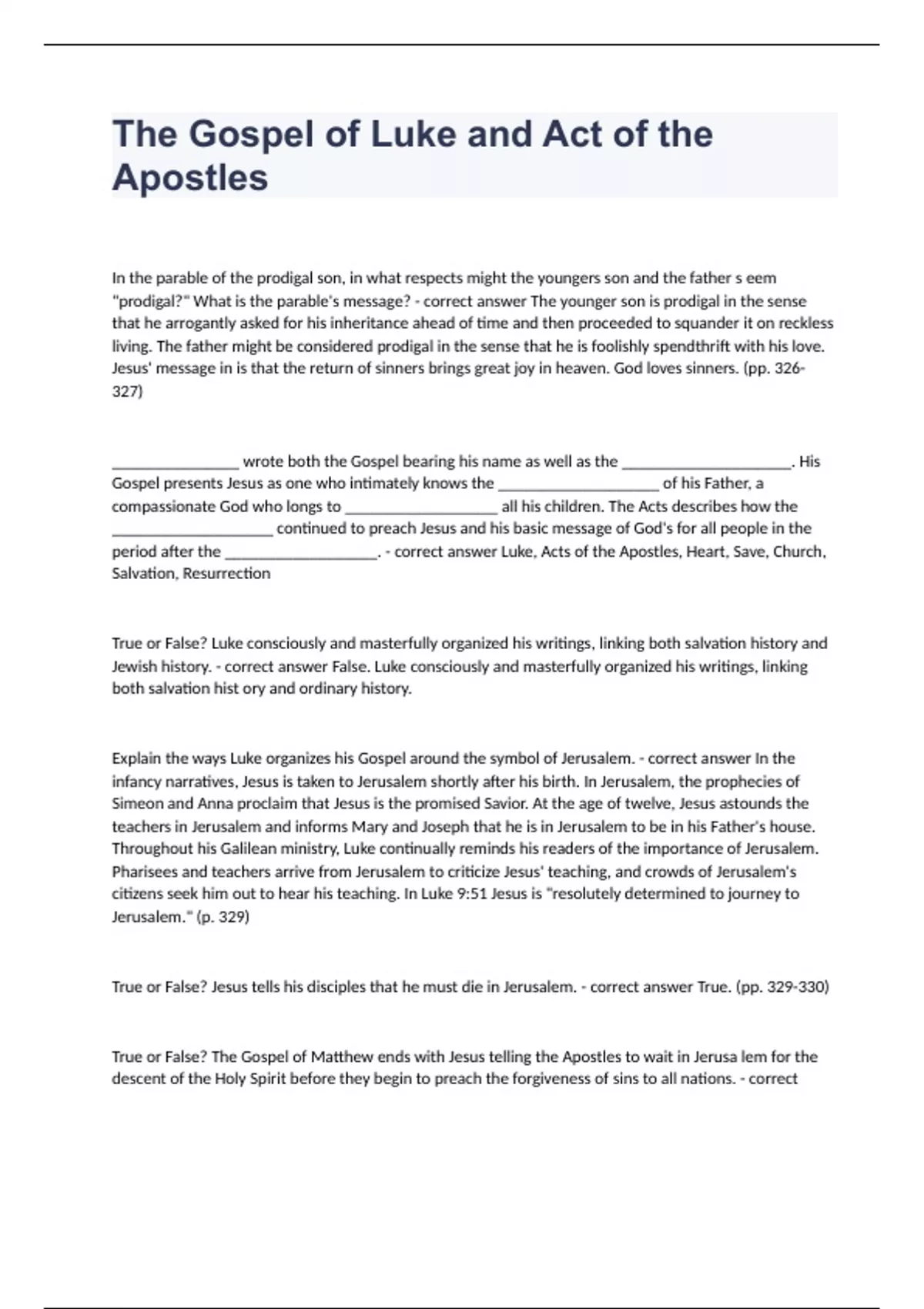 The Gospel of Luke and Act of the Apostles questions well answered 2023 ...