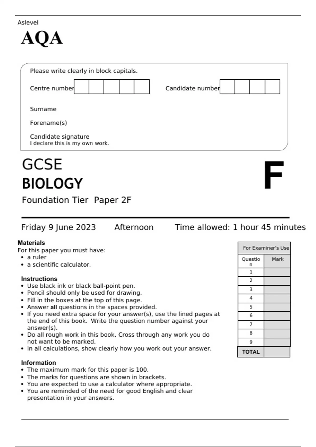 AQA GCSE BIOLOGY Foundation Tier Paper 1 and 2 JUNE 2023 QUESTION ...