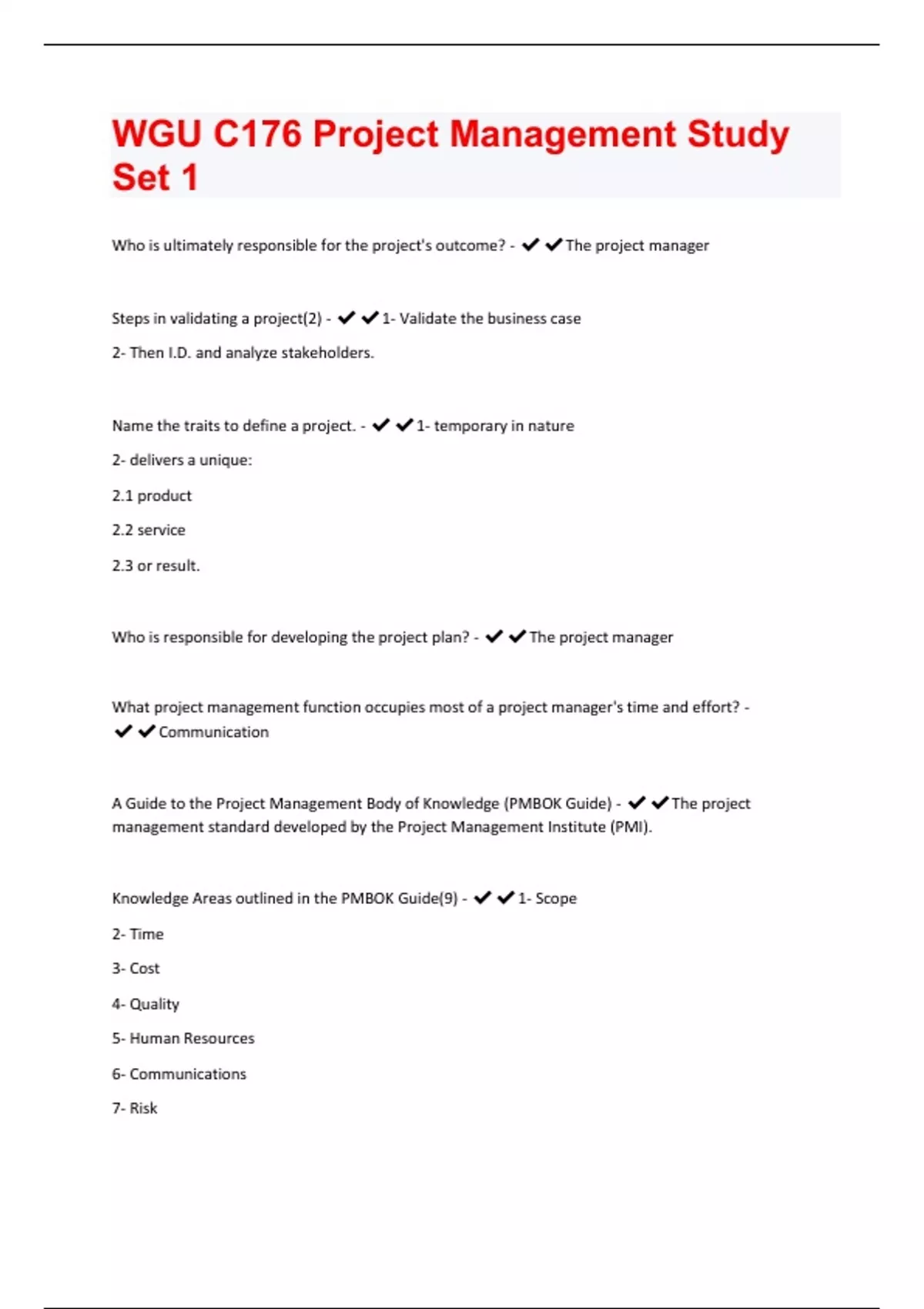 WGU C176 Project Management Study Set 1 | 383 Questions and Answers(A+ Solution guide) - WGU ...