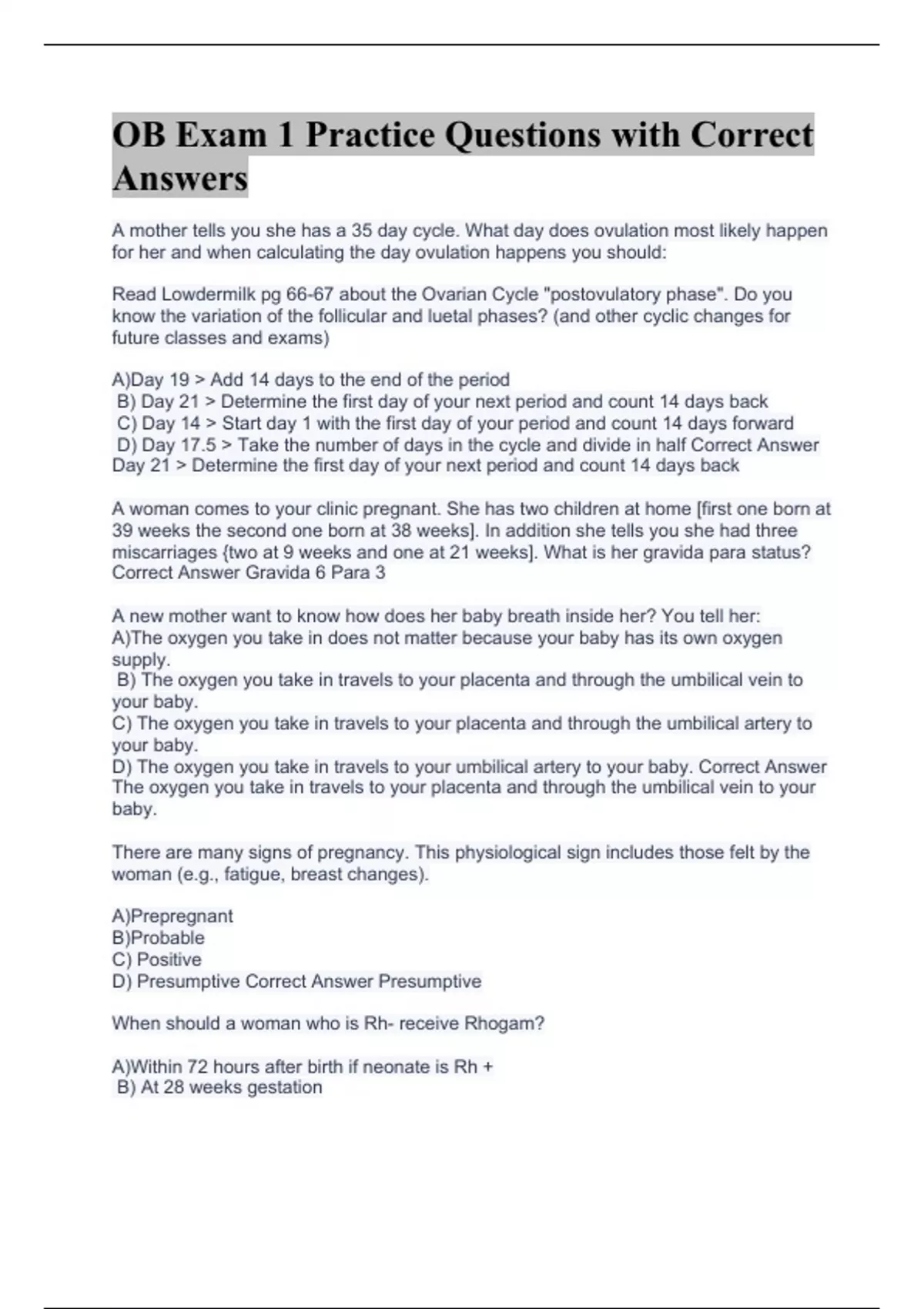 OB Exam 1 Practice Questions with Correct Answers - OB - Stuvia US