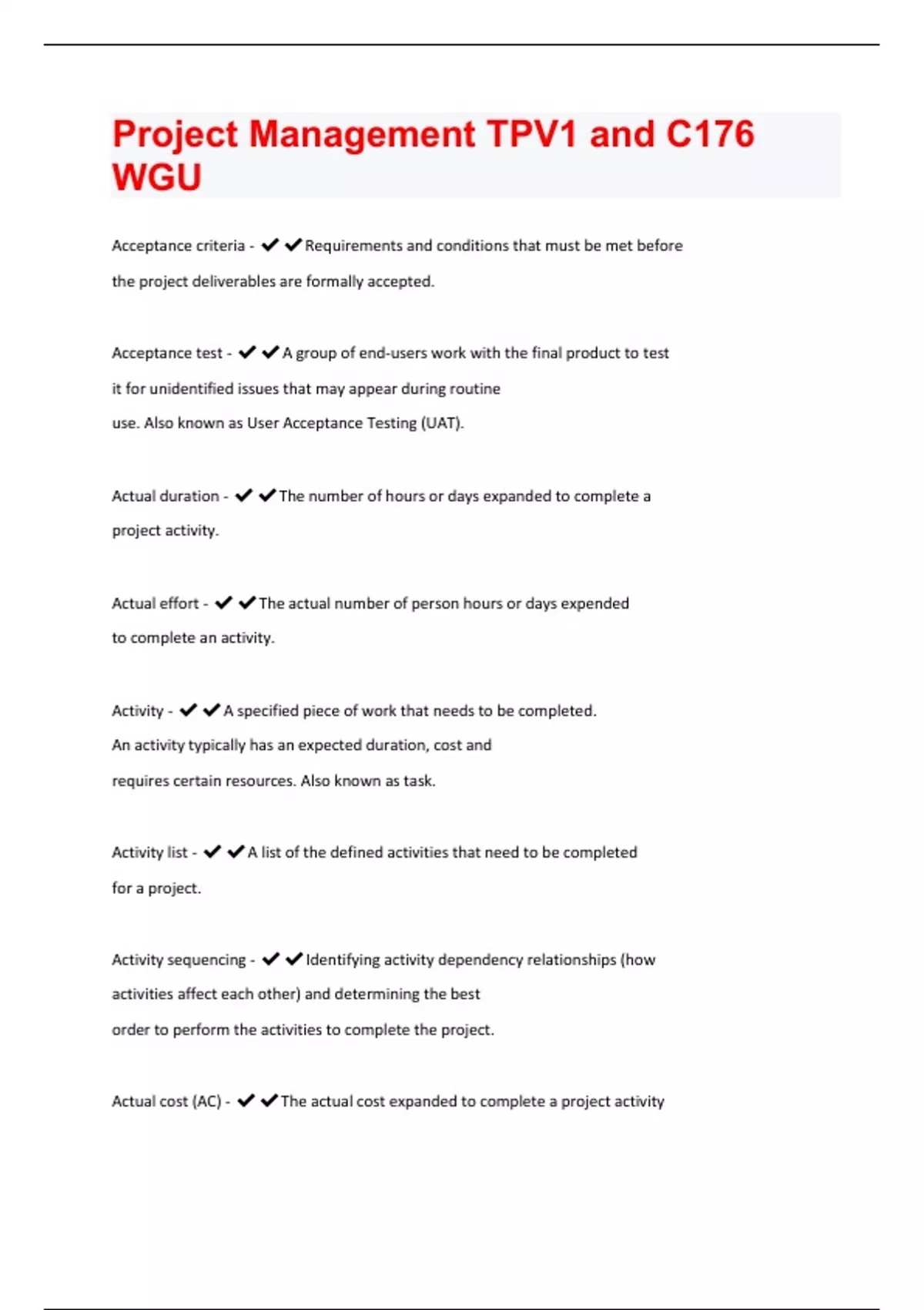 Project Management TPV1 and C176 WGU |147 Questions and Answers(A+ Solution guide) - Project ...