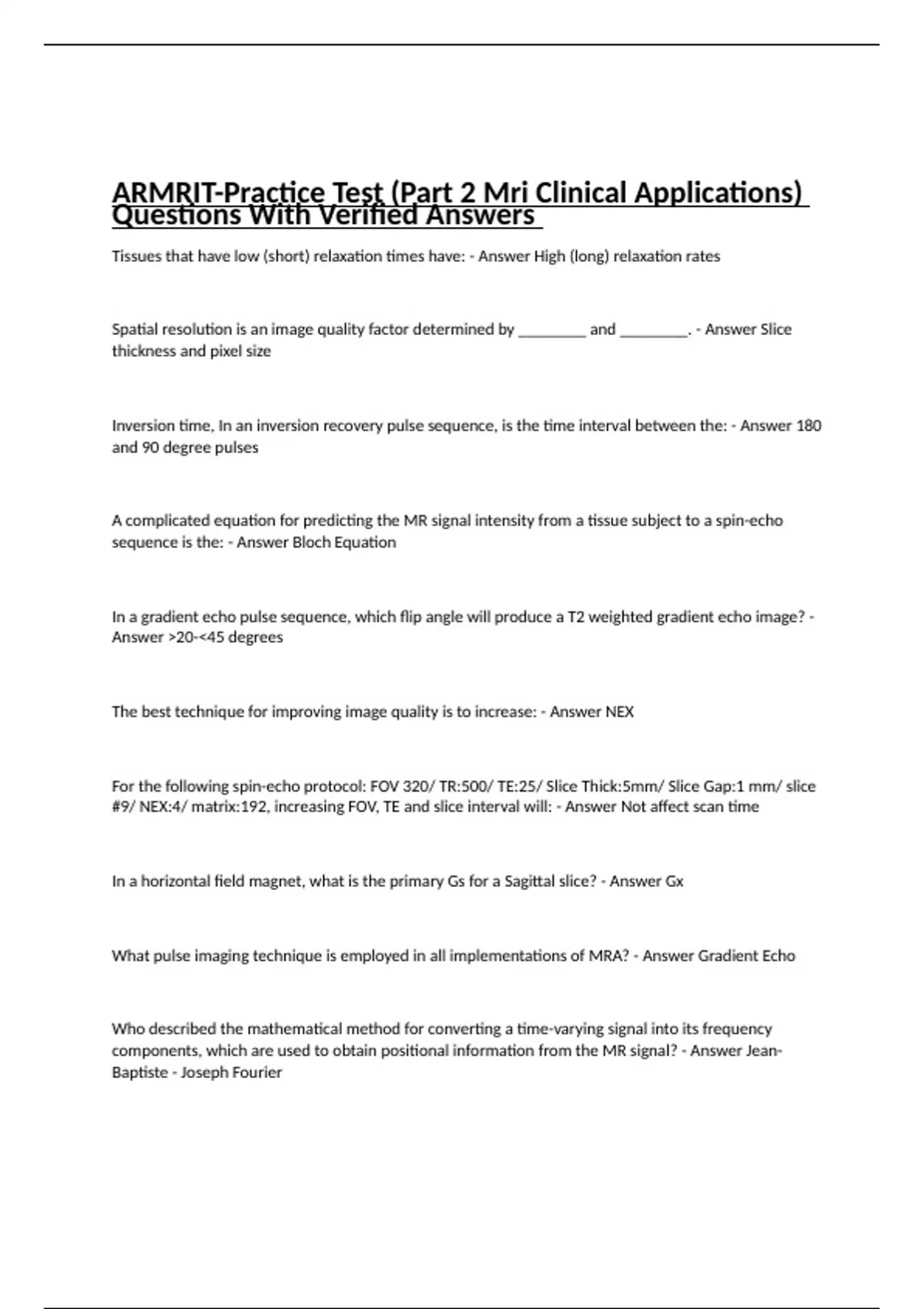 ARMRIT-Practice Test (Part 2 Mri Clinical Applications) Questions With ...