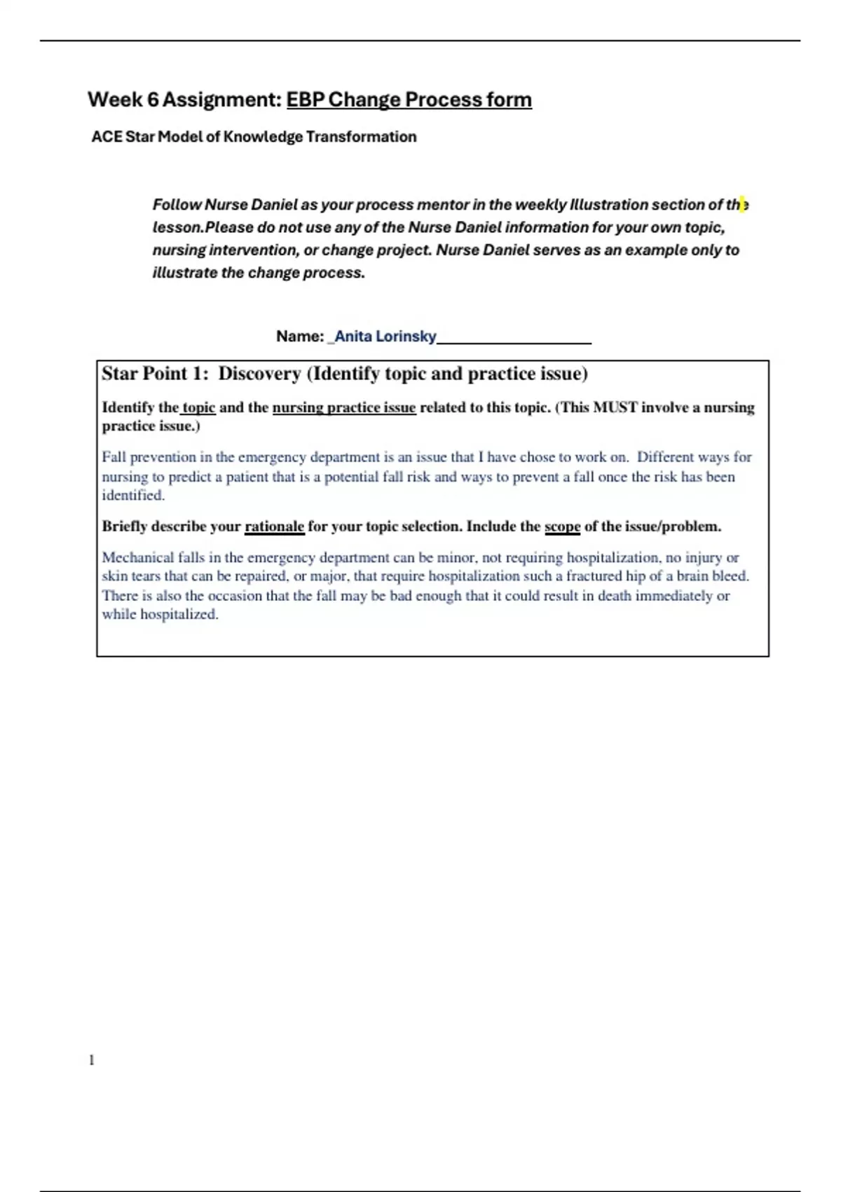 NR451 Assignment Week 6 EBP Change Process FORM 9 ACE Star Model of ...
