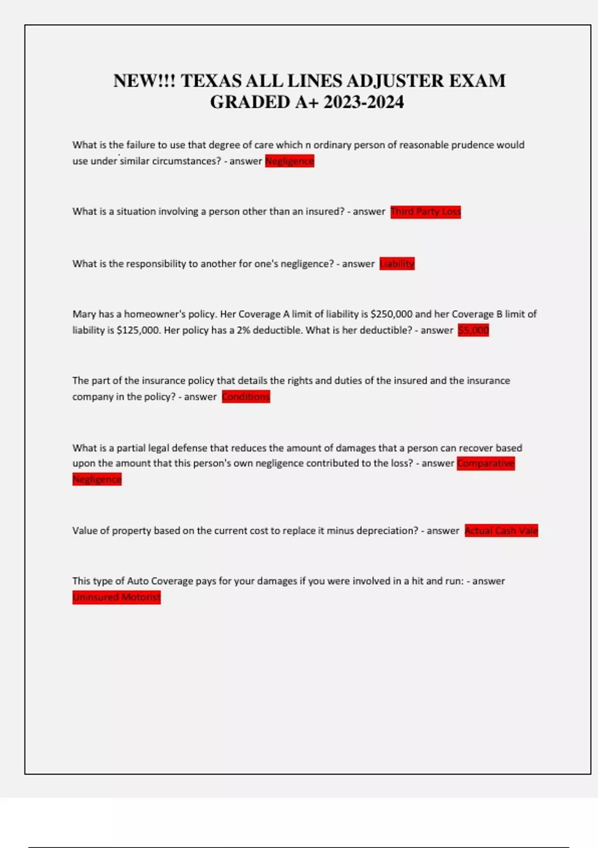 NEW!!! TEXAS ALL LINES ADJUSTER EXAM GRADED A+ - TEXAS ALL LINES ...