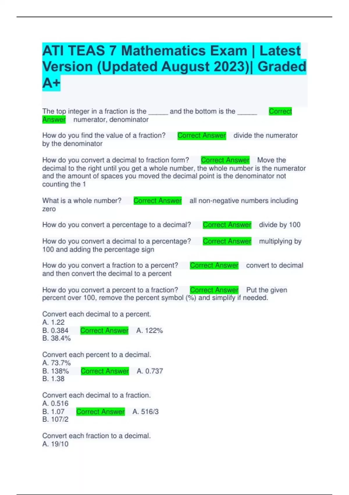 ATI TEAS 7 Mathematics Exam | Latest Version (Updated August 2023 ...