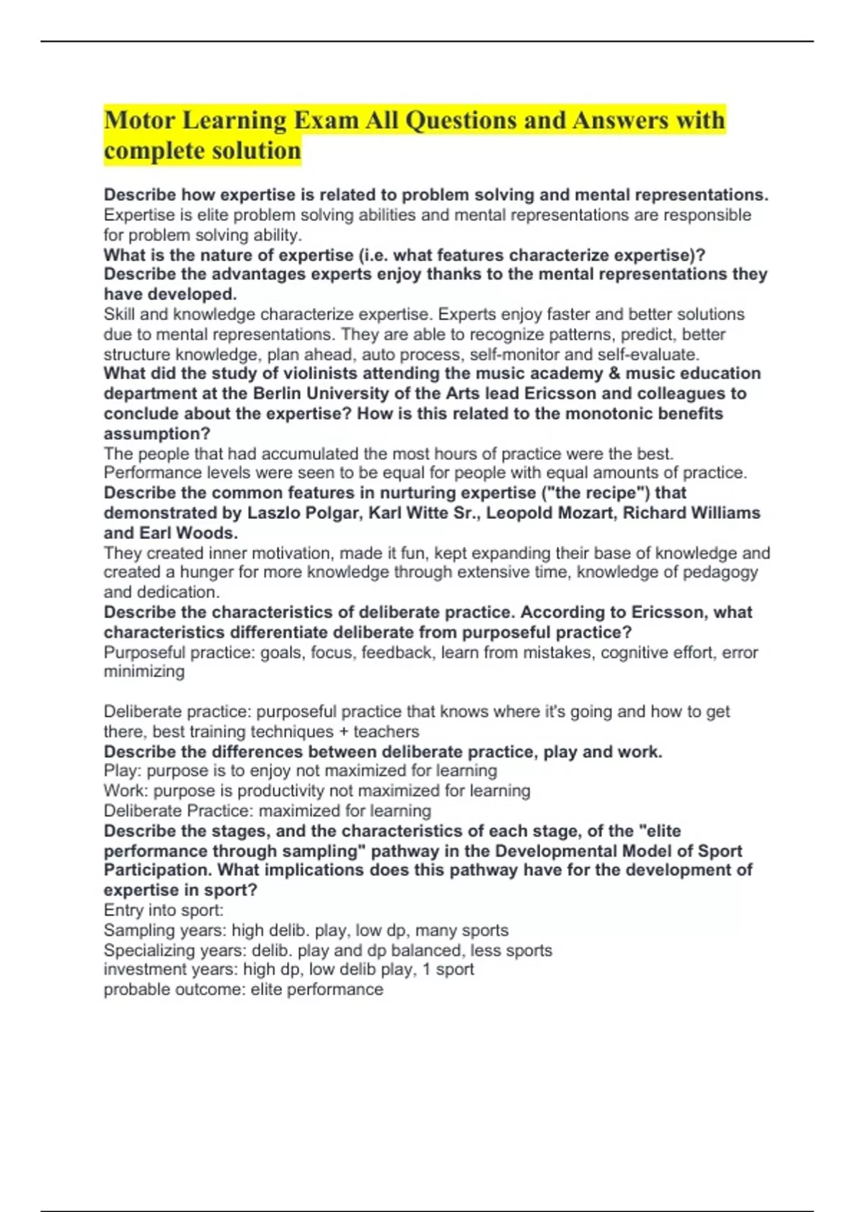 Motor Learning Exam All Questions and Answers with complete solution ...