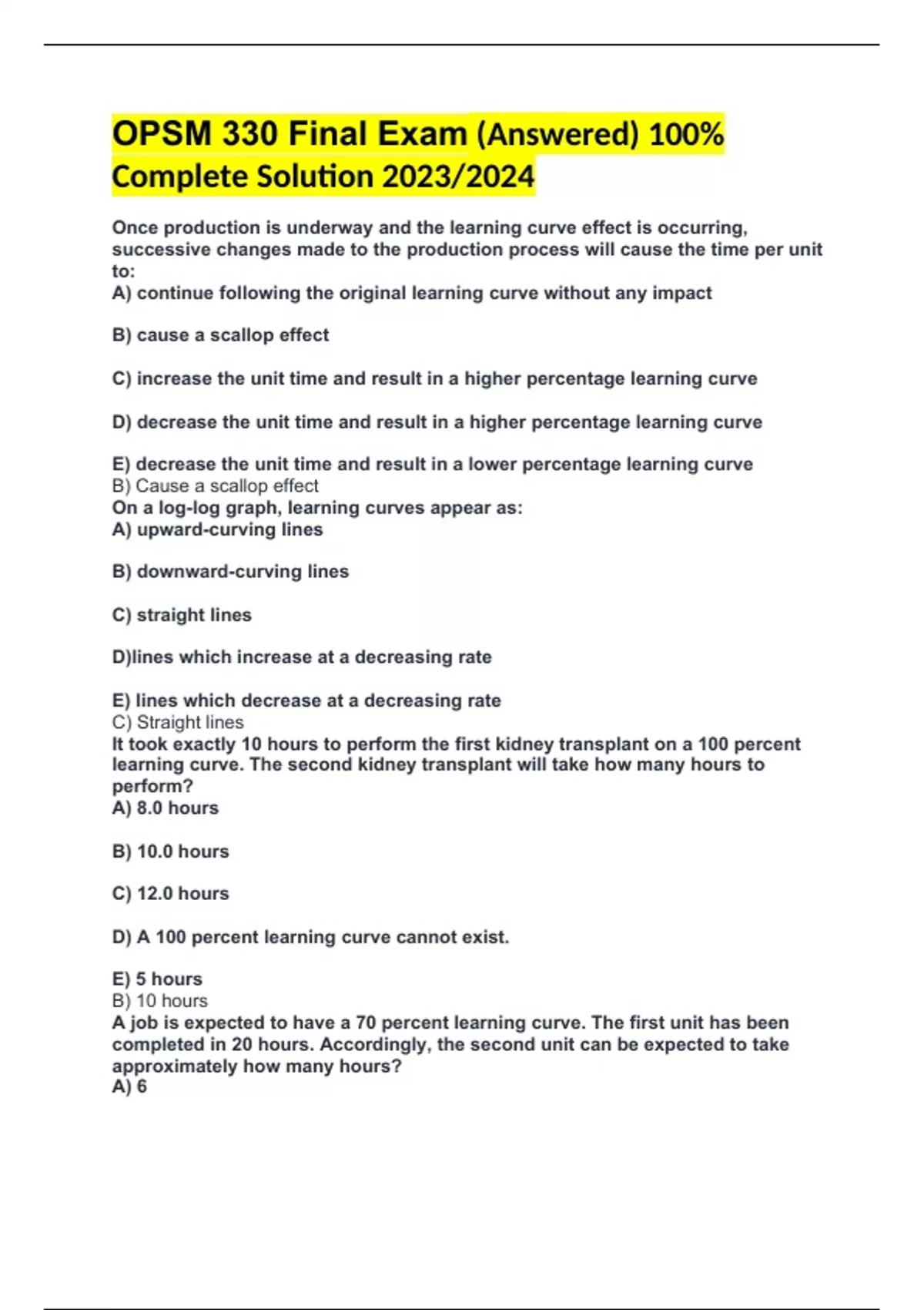 OPSM 330 Final Exam (Answered) 100% Complete Solution 2023/2024 - OPSM 330 - Stuvia US