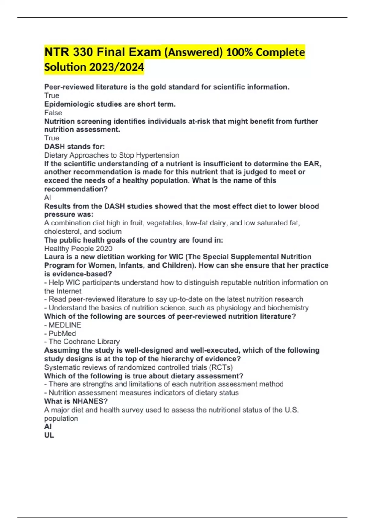 NTR 330 Final Exam (Answered) 100% Complete Solution 2023/2024 - NTR ...