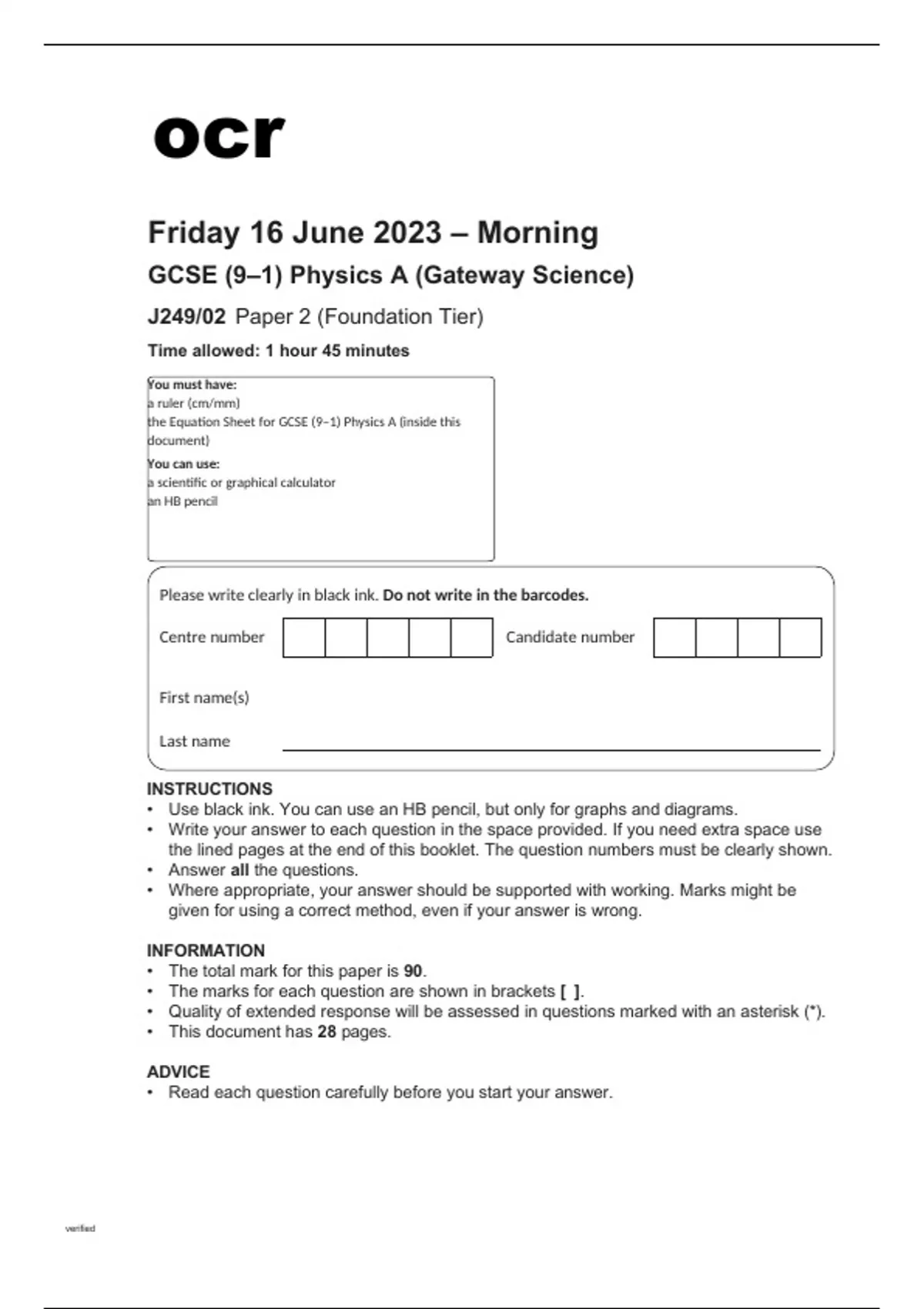 ocr GCSE Physics A (Gateway Science) J249-02 June2023 Question Paper ...